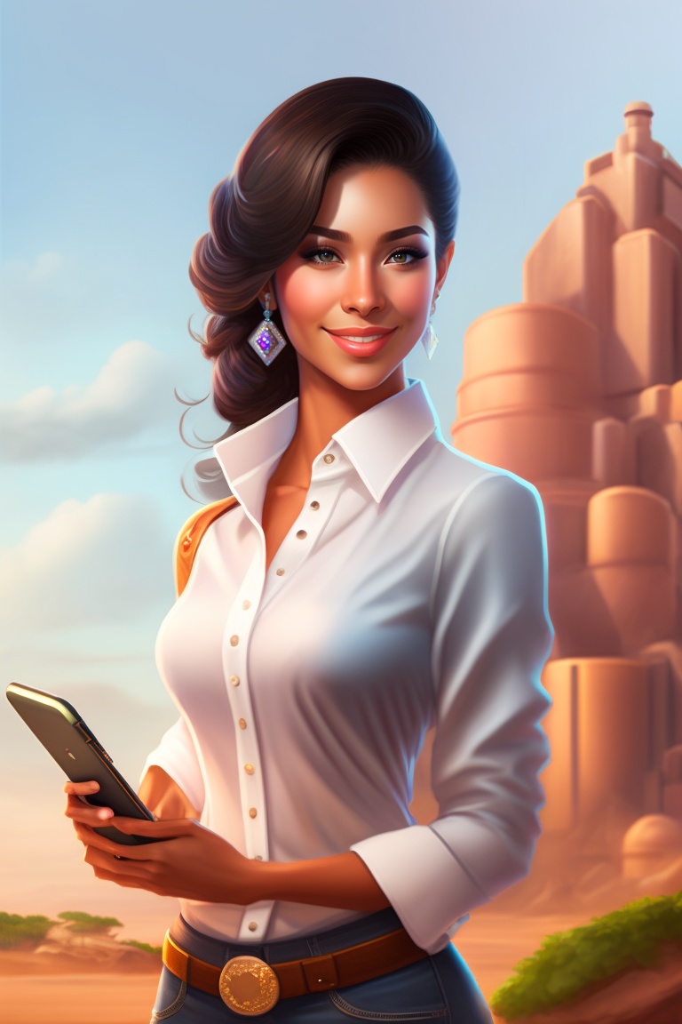 Lexica - Latin woman with white shirt, using photocheck, cell phone in ...