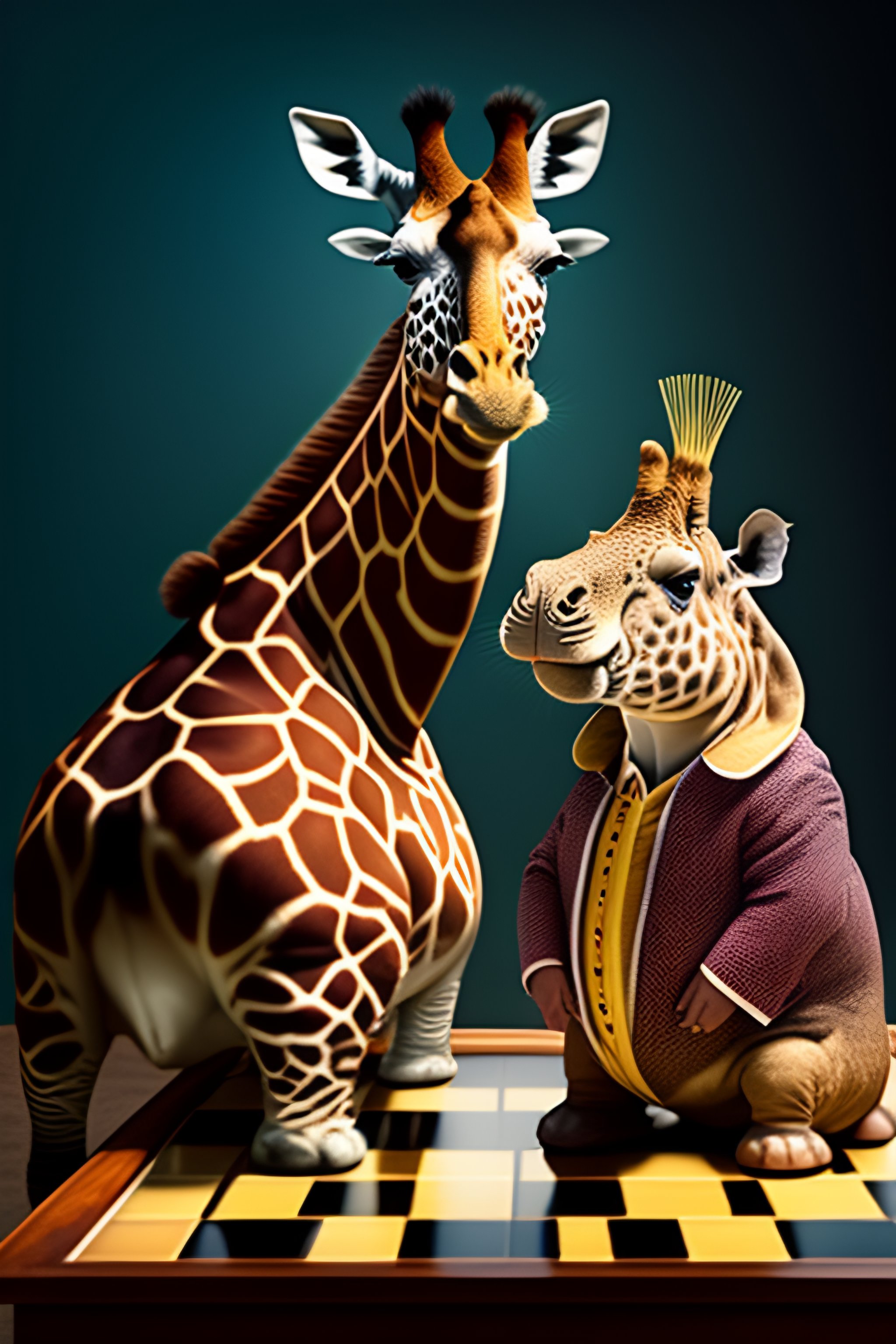 Lexica - A giraffe plays chess with a hippo dressed as a clown