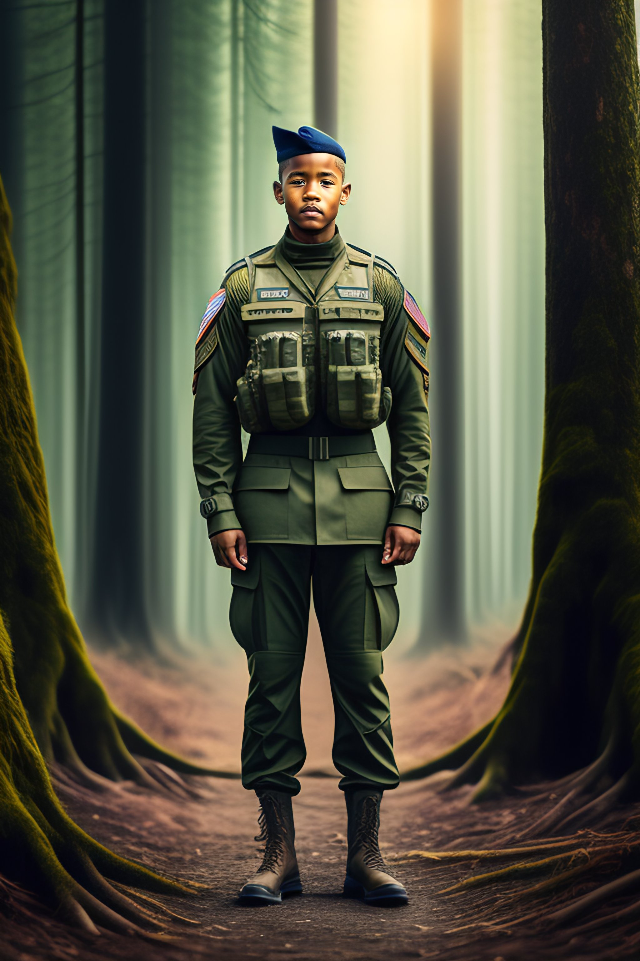 Lexica - Realistic photo of Soldier Boy standing on a log in the forest