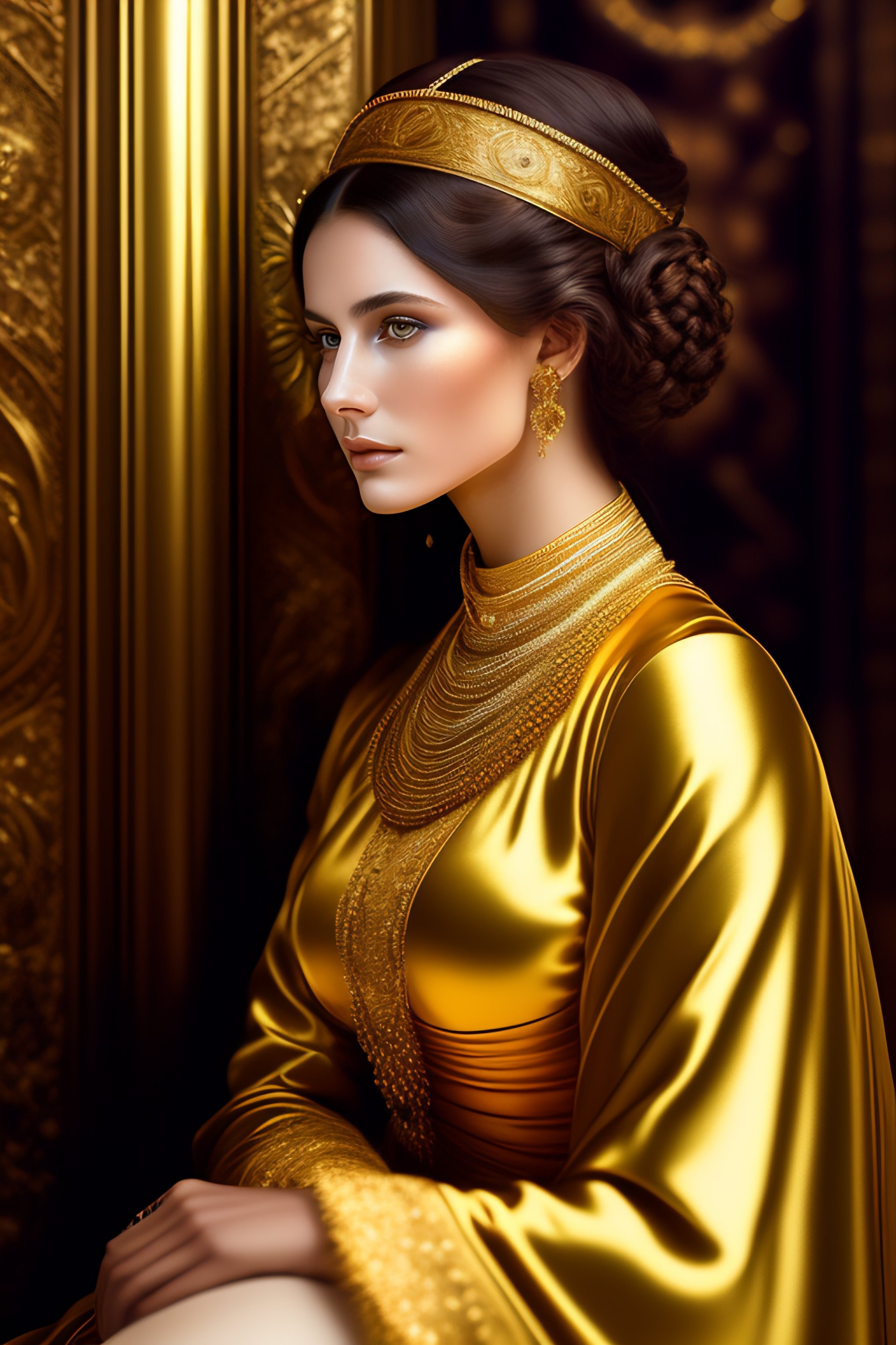 Lexica - 20 year old woman in lavish golden robe laying on an antique ...