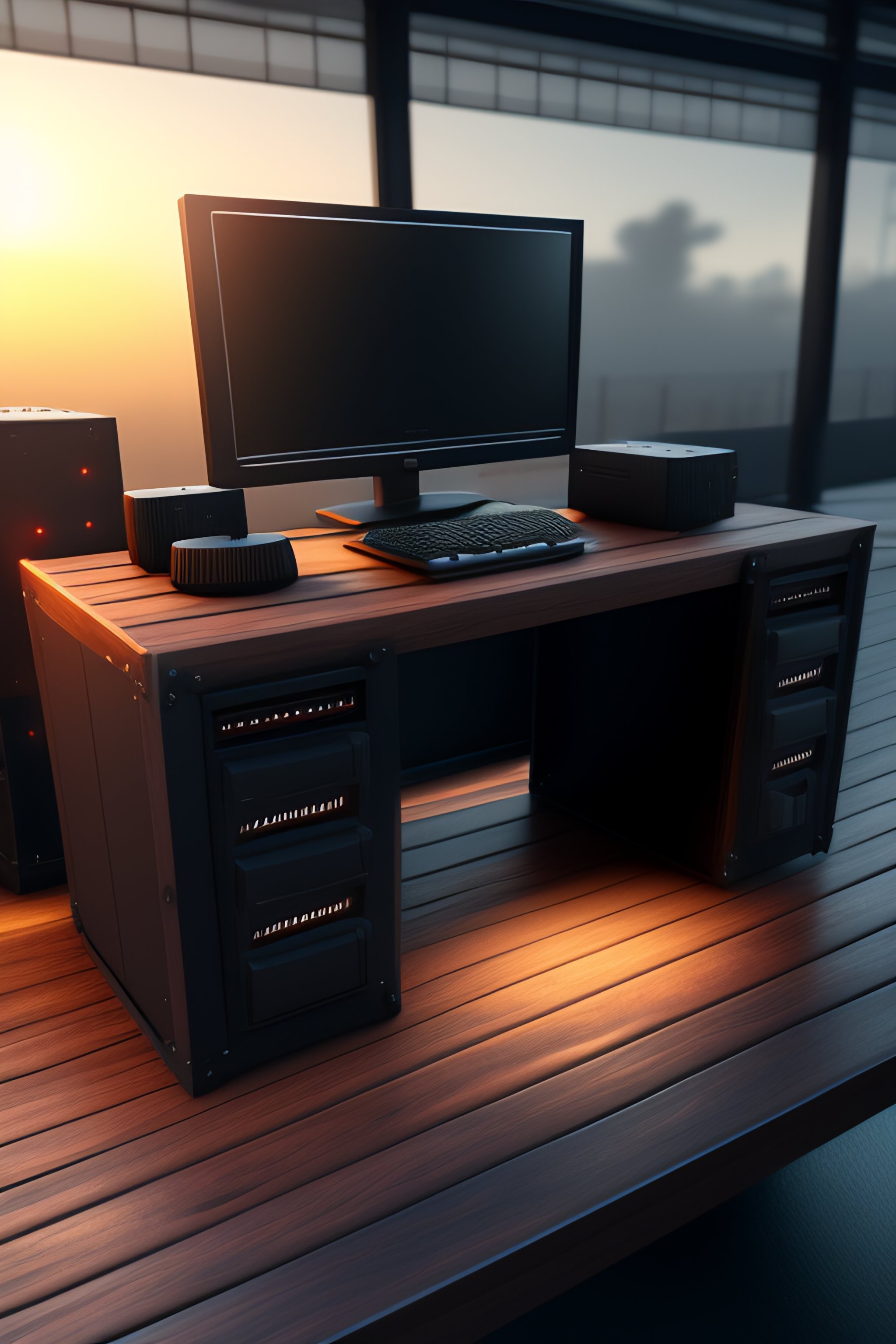 Lexica - A dark industrial wood desk with control panel on the side ...