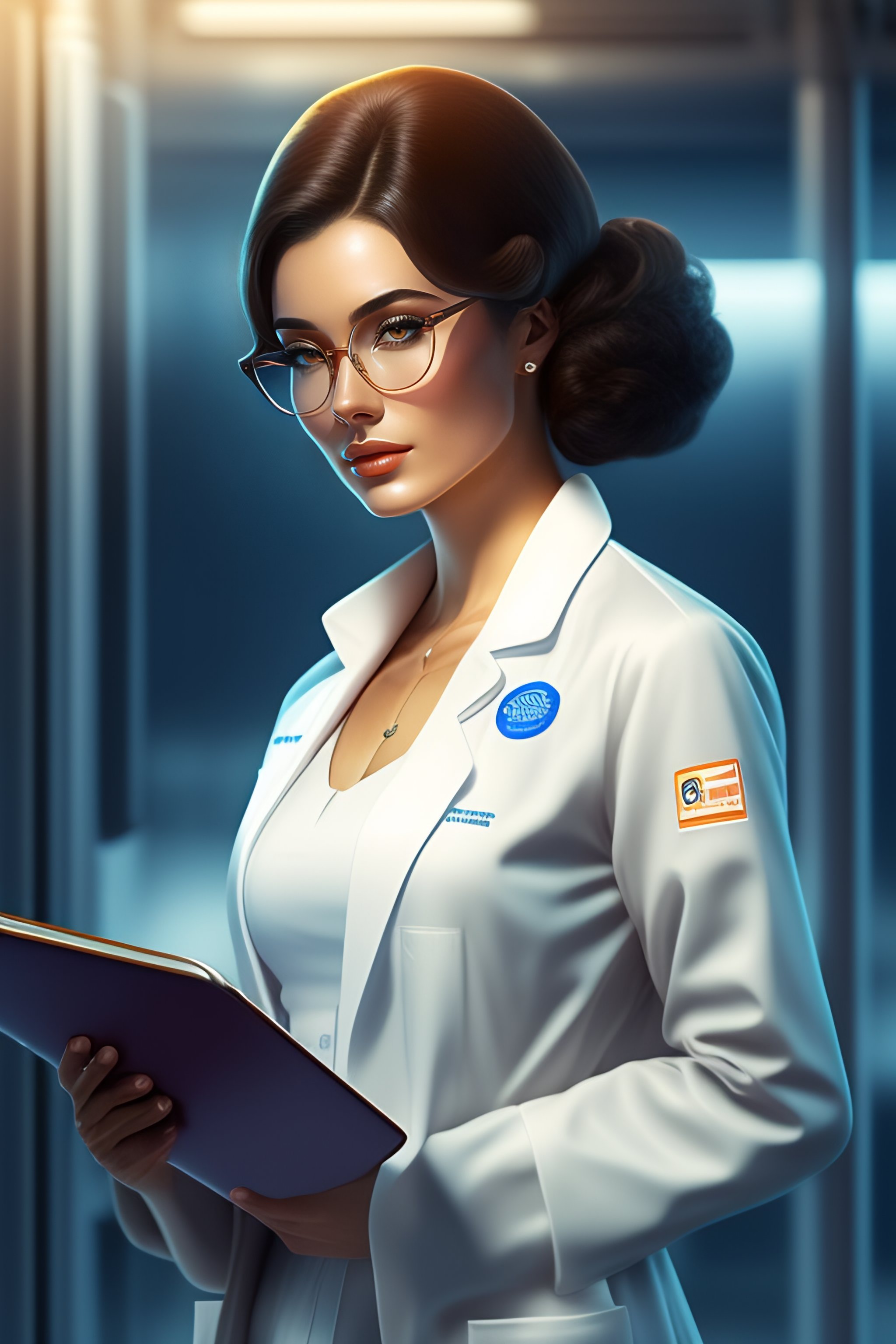 Lexica - Beautiful girl, wearing lab coat and glasses, holding a ...