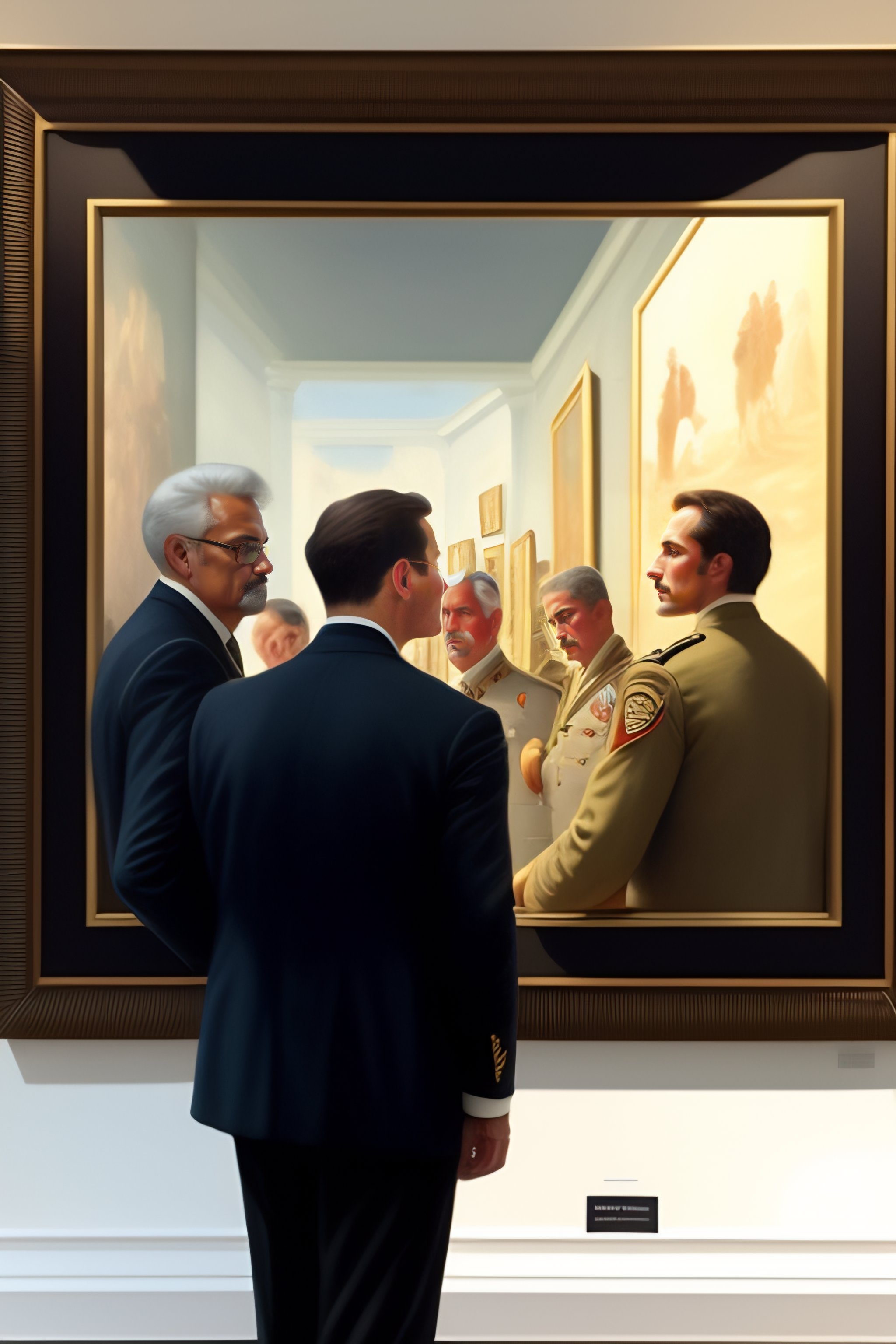 Lexica - Museum security guards in an art gallery, pouring a can of oil ...