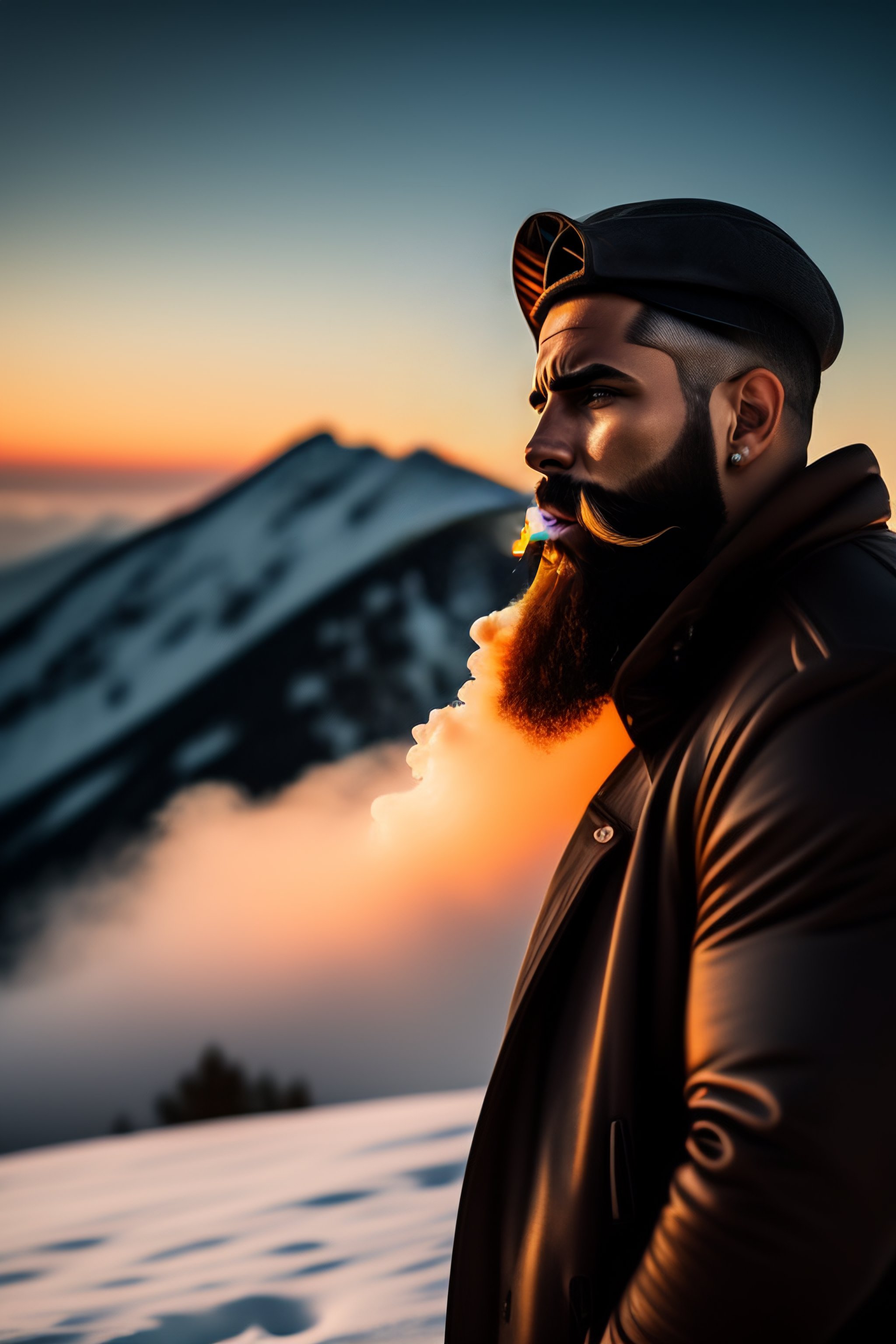 Lexica - Guy with a beard smoking cuban cigaretes on the mountain