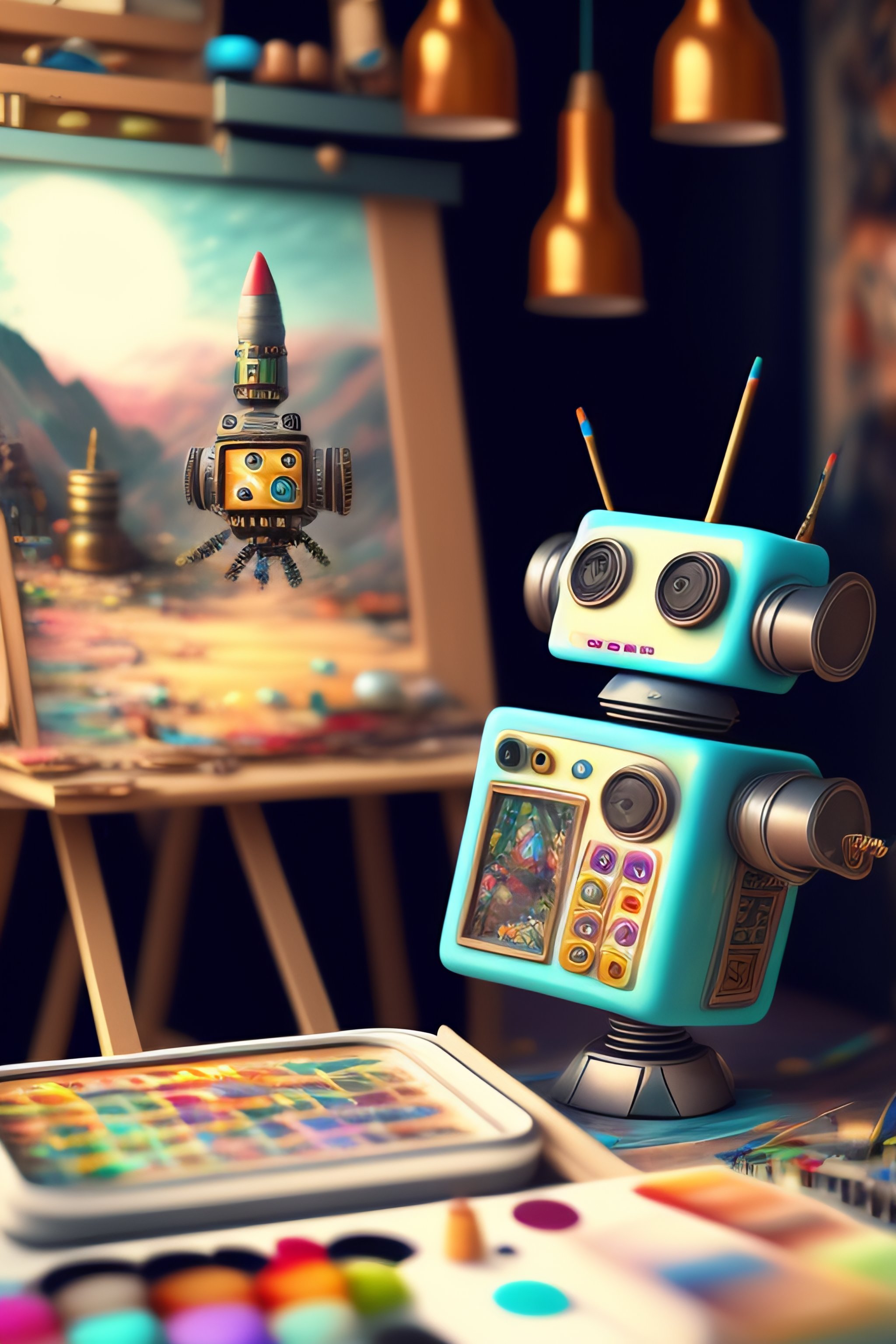 Lexica - A messy, chaotic artist's workshop, inside is a cute robot ...