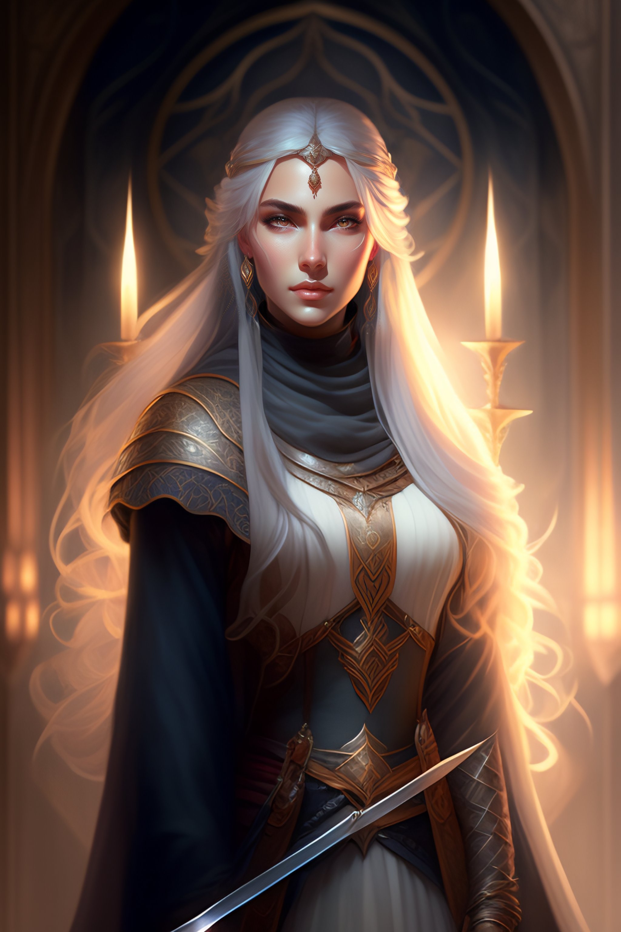 Lexica - Young female cleric in center, dnd, fantasy, gray hair ...