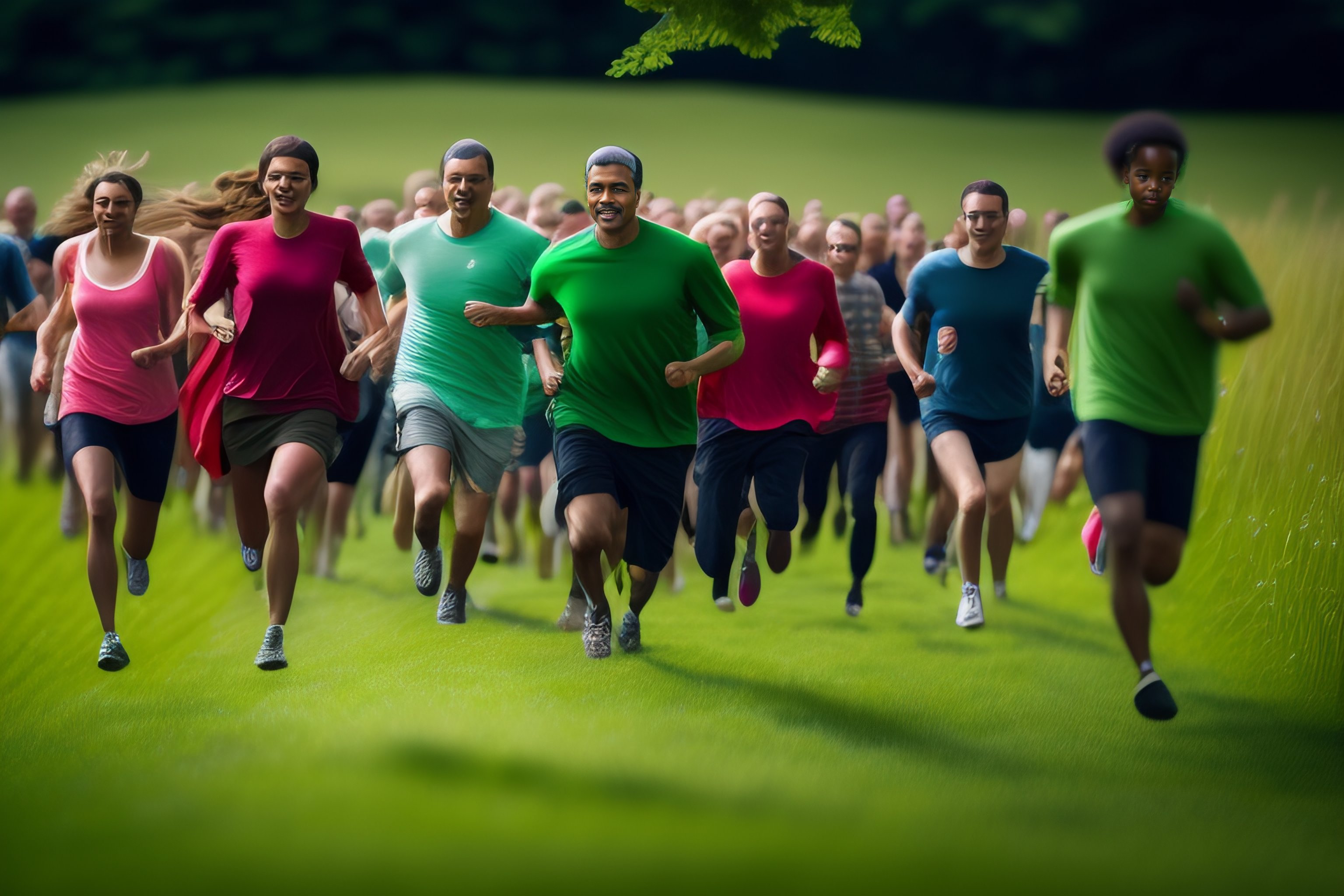 Lexica - Background full of people chasing, front view, green grass ...
