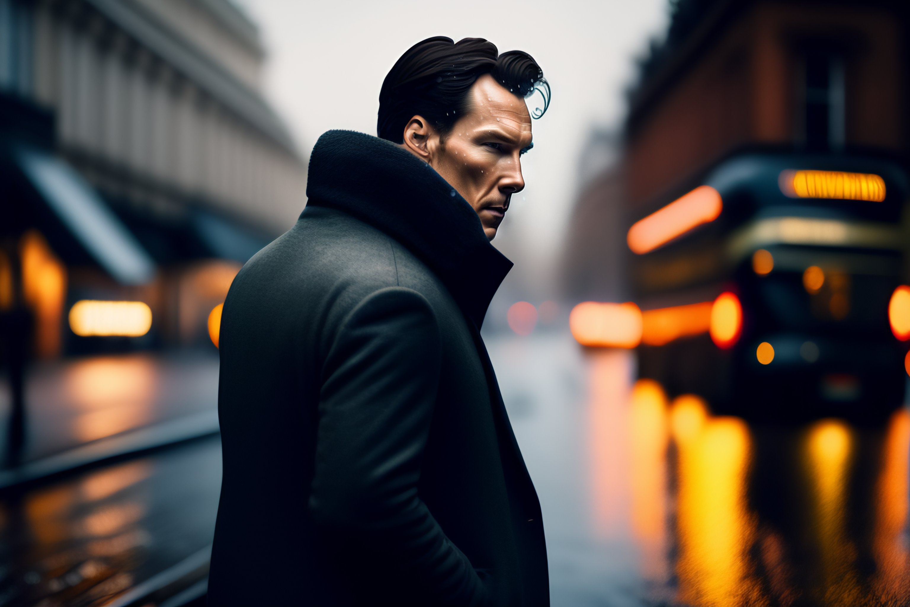 Lexica - Benedict Cumberbatch as Sherlock standing in a rain-wet street ...