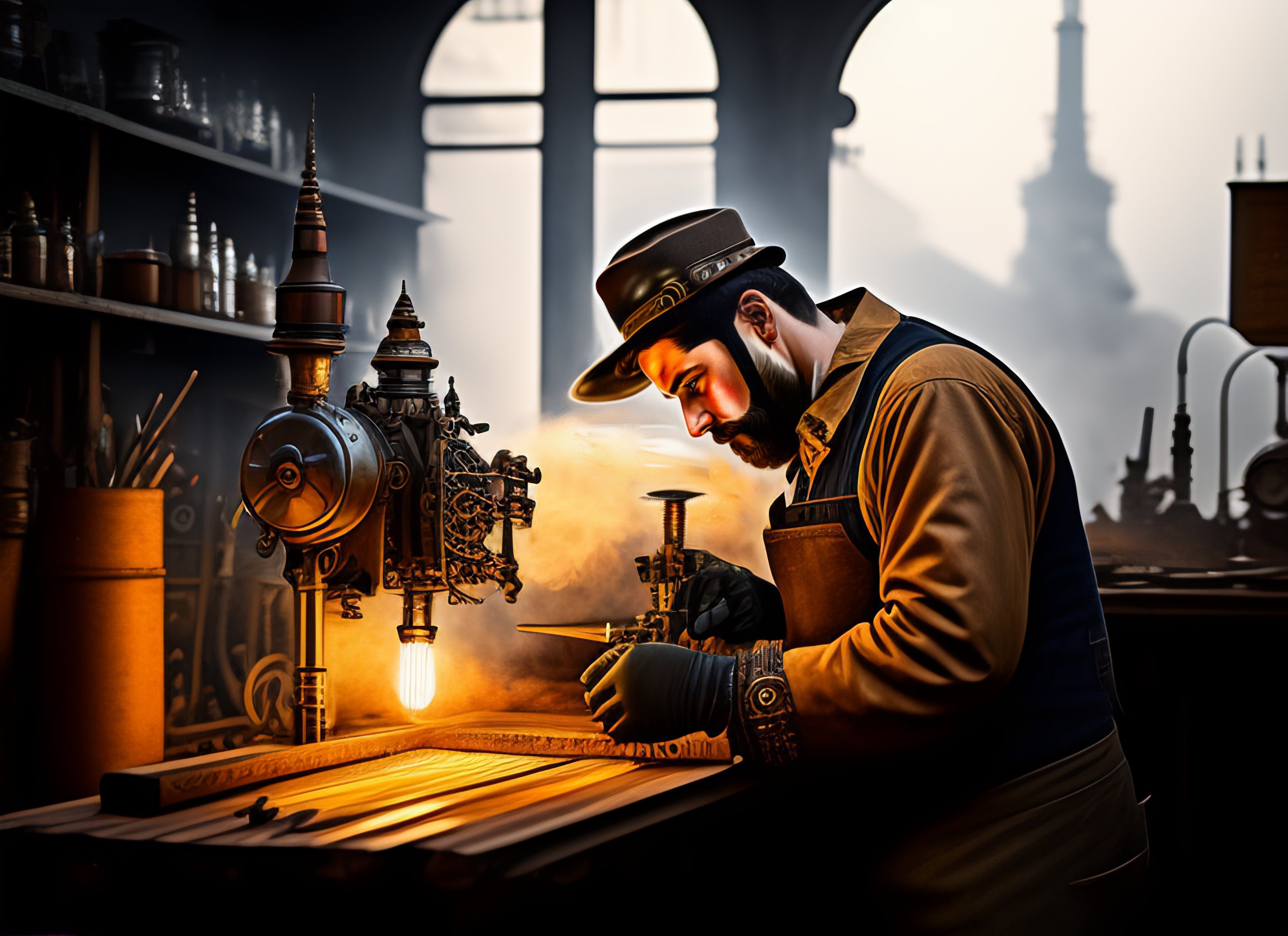 Lexica - Man working in steampunk workshop, detailed ink drawing