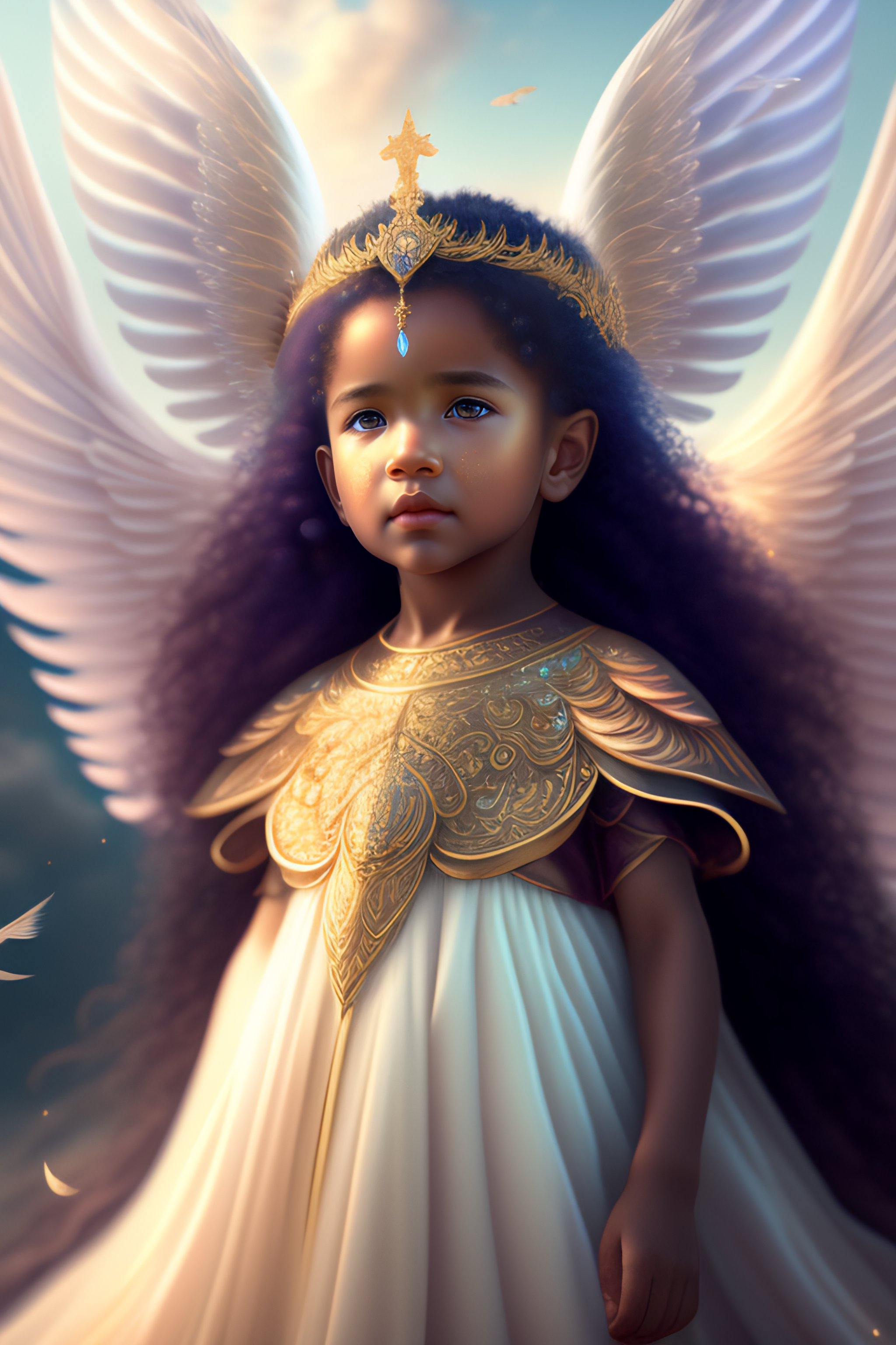 Lexica - A goddess-like child angel with feather wings wearing a long ...