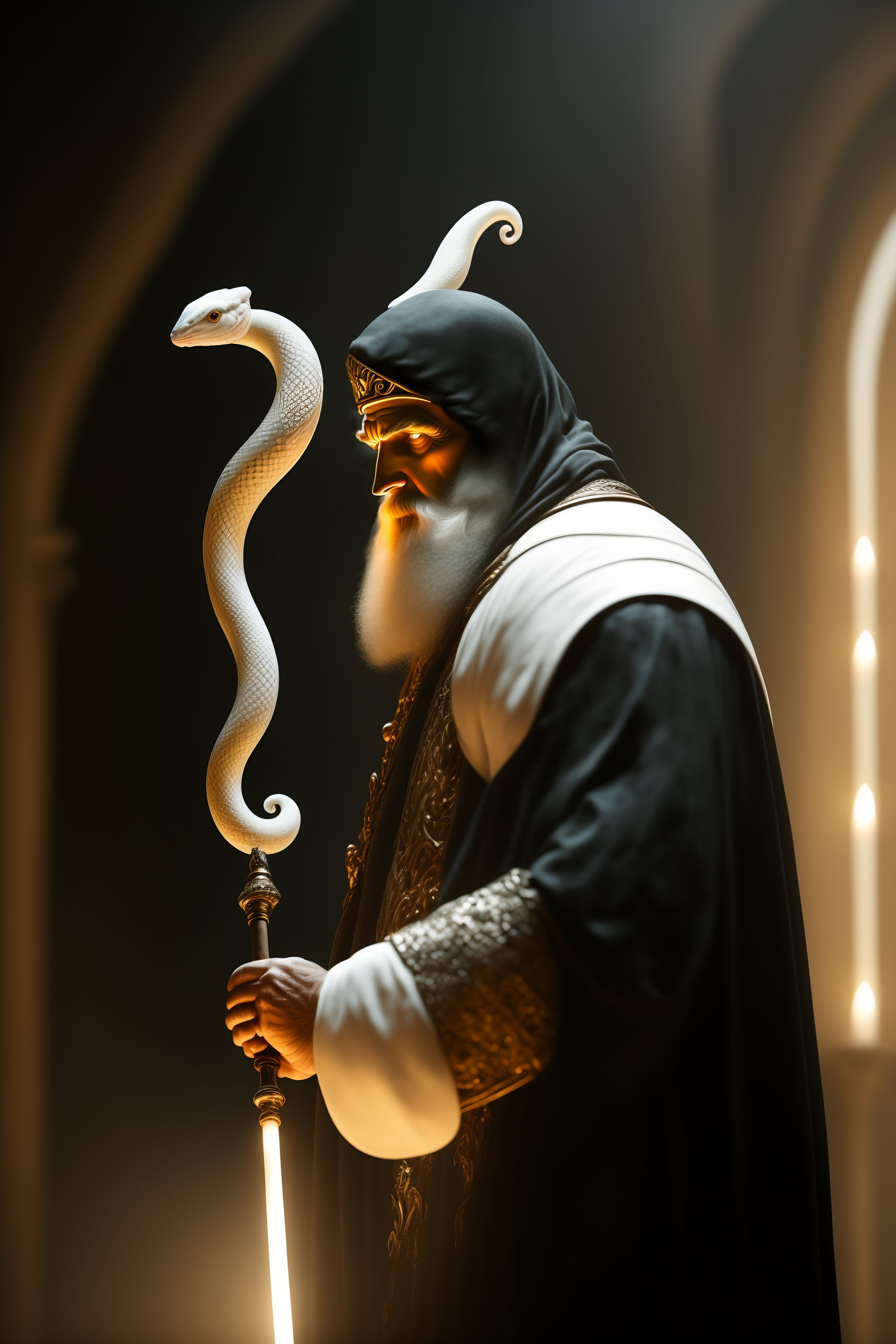 Lexica - One Greek wizard in dark robe hold a staff that has a white ...