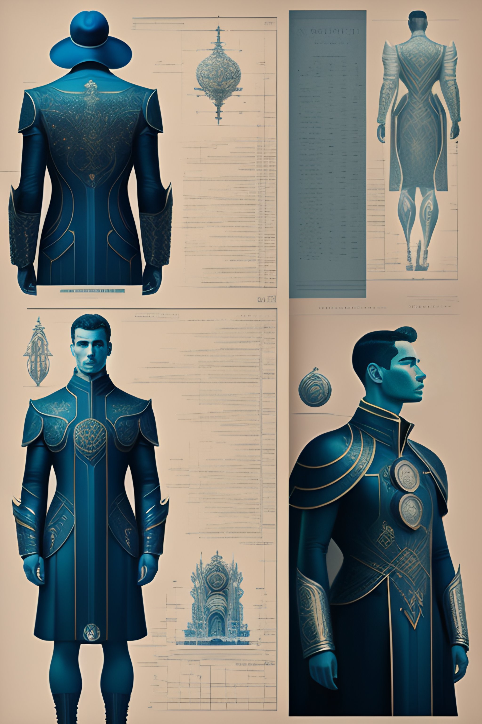 Lexica - Detailed schematics of a male cyborg, Venetian man, blueprints ...