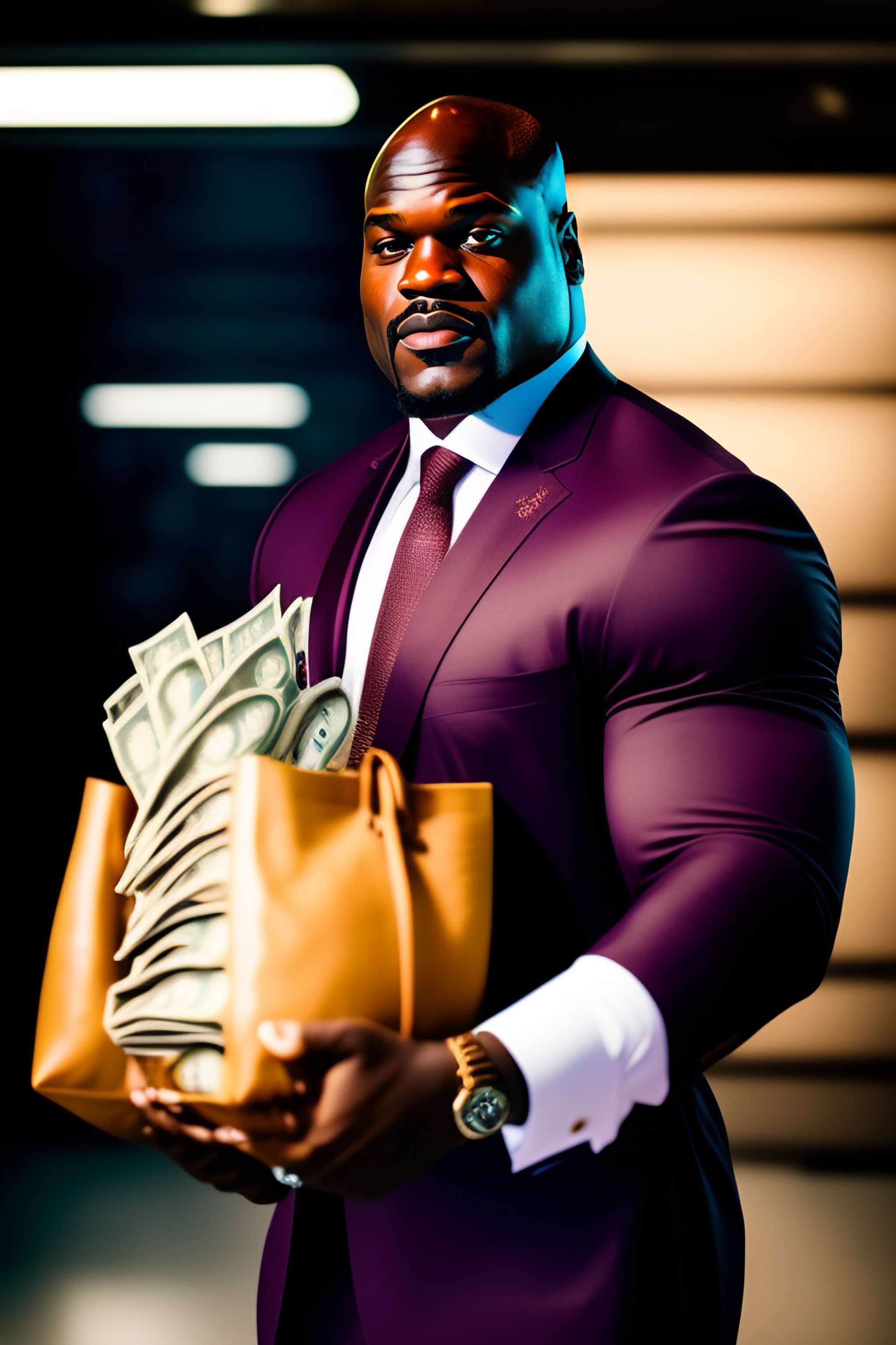 Lexica - Shaq holding bags of money photography by wes andersen
