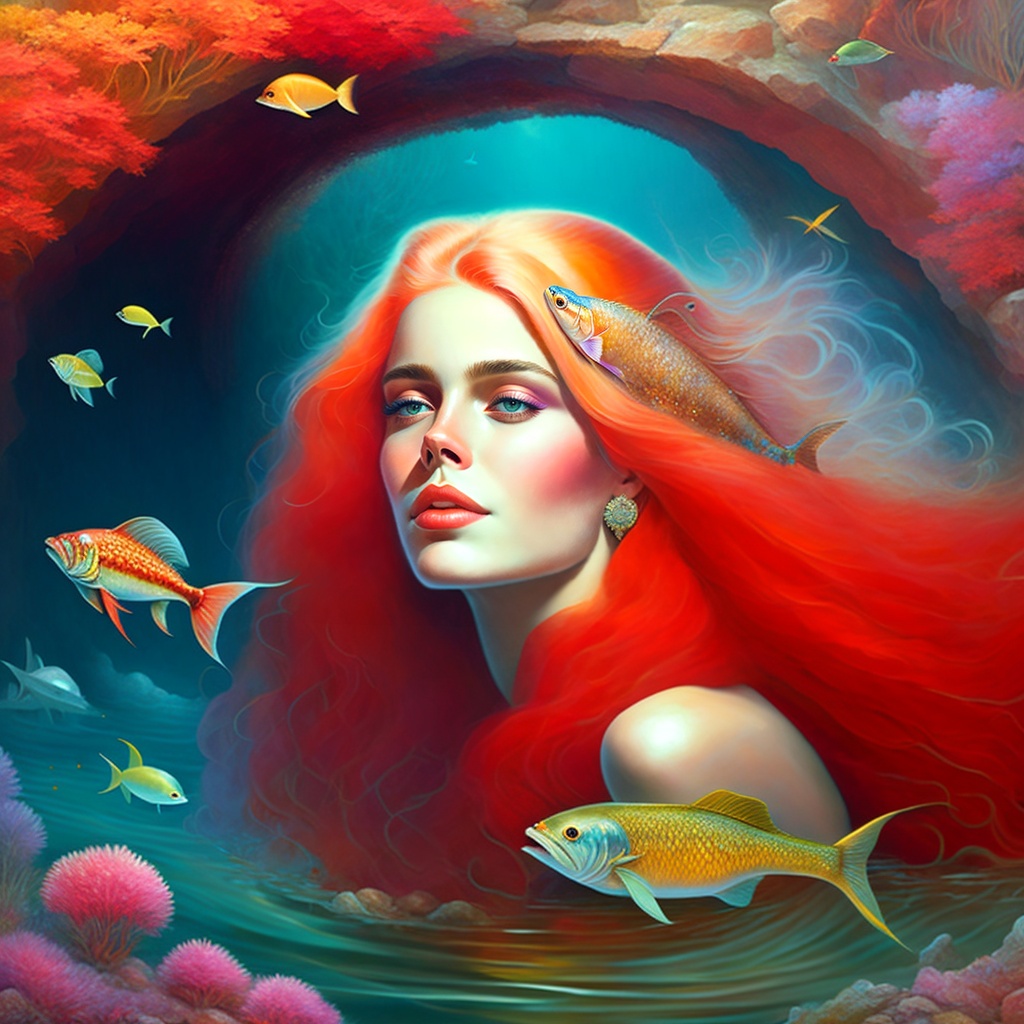 Lexica - Brigitte Bardot ,a mermaid with red long hair, fish swim ...