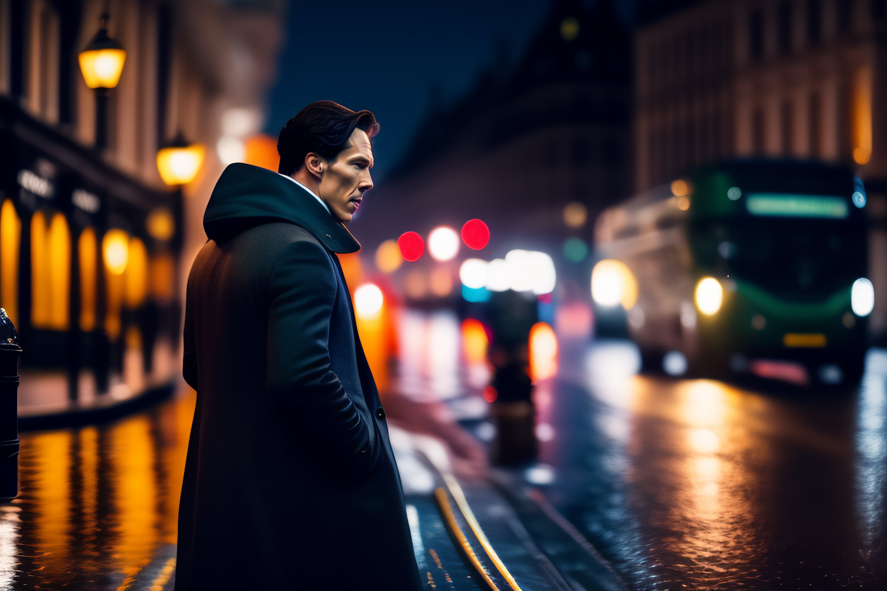 Lexica - Benedict Cumberbatch as Sherlock standing in a rain-wet street ...