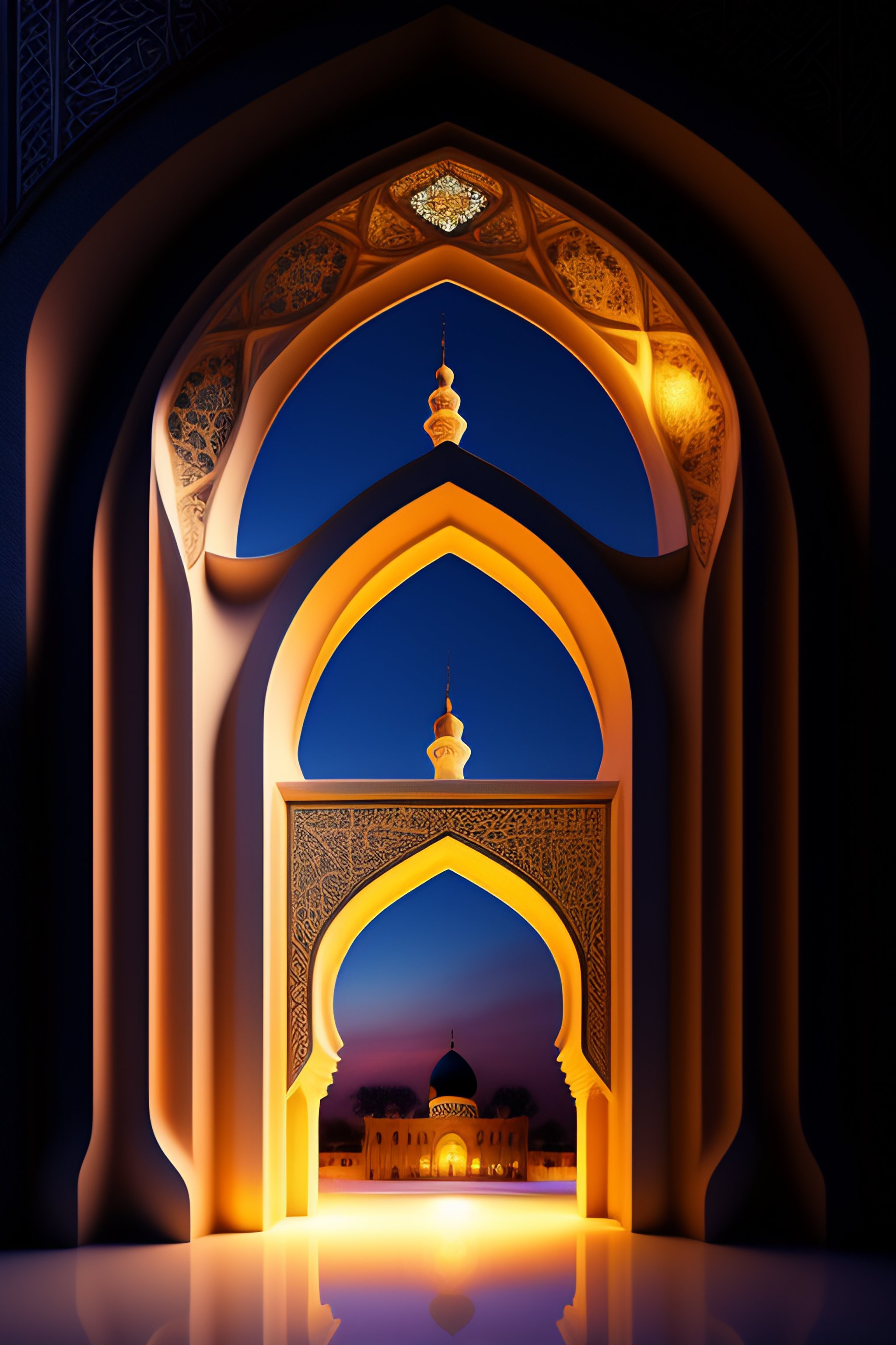 Lexica - Night, symmetrical islamic mosque made of translucent ice ...