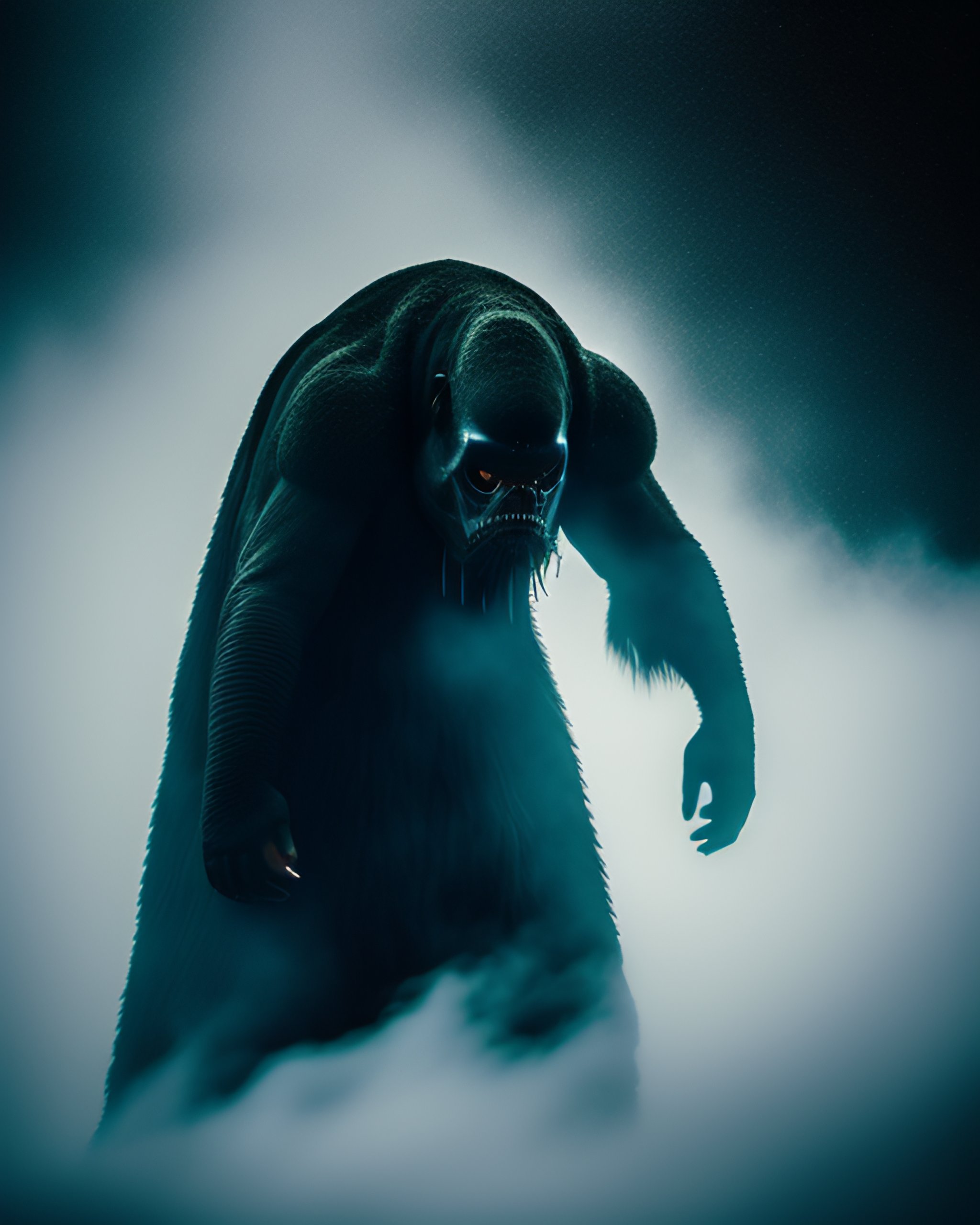 Lexica - Creature cryptid dark obscured by fog, grainy camera, eight arms