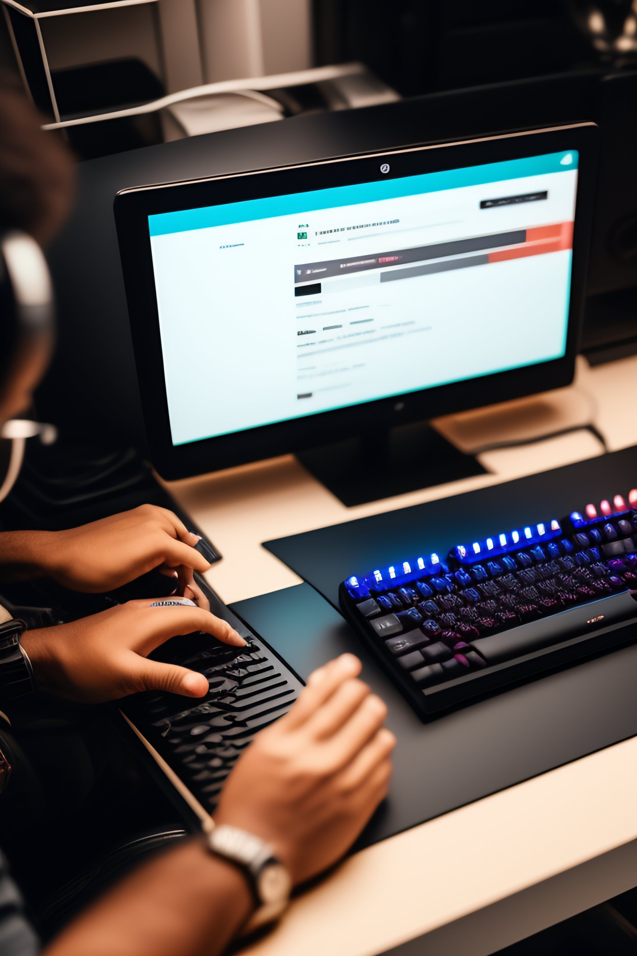 Lexica - Youtuber typing on a mechanic keyboard with 3 screens in front ...