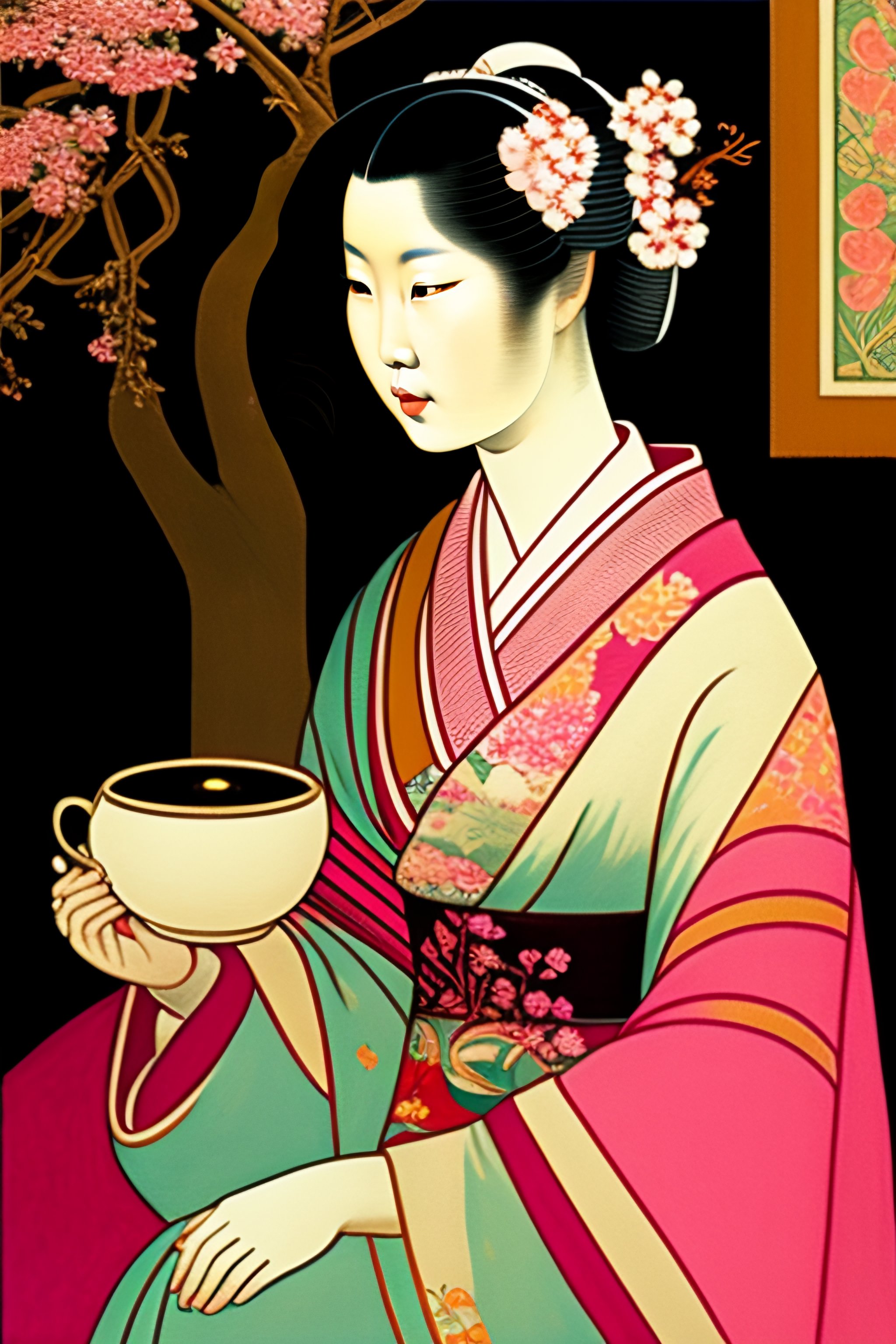 Lexica - LINE DRAWING OF A GEISHA WITH DELICATE HANDS HOLDING A CUP OF ...