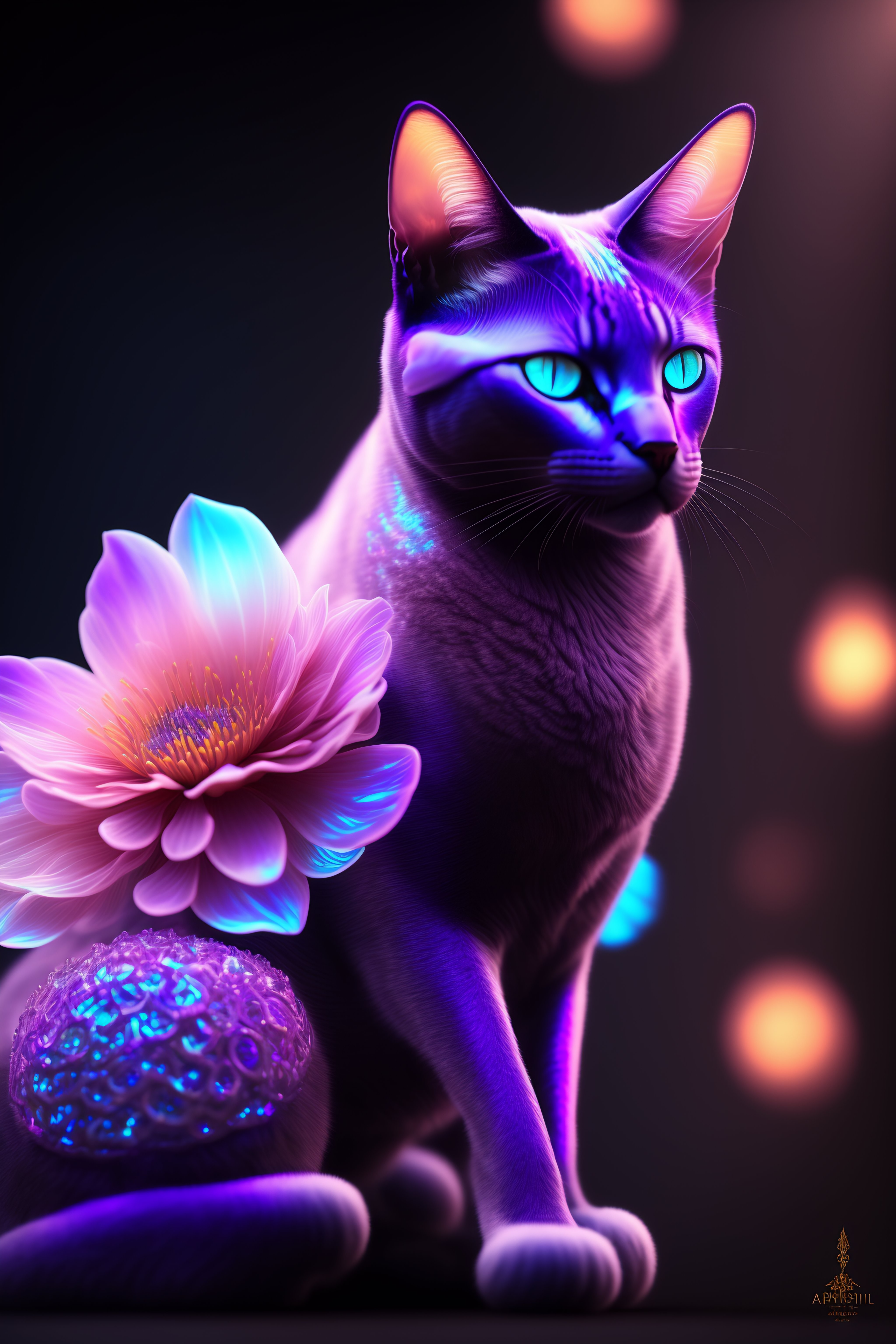 Lexica - Large blooming iridescent cat, photo realistic eyes in the ...