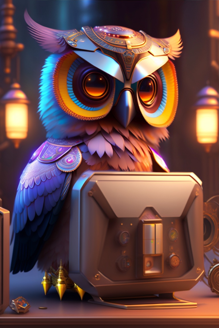 Lexica - Tiny good, robot owls looking at a computer, surrounded by ...