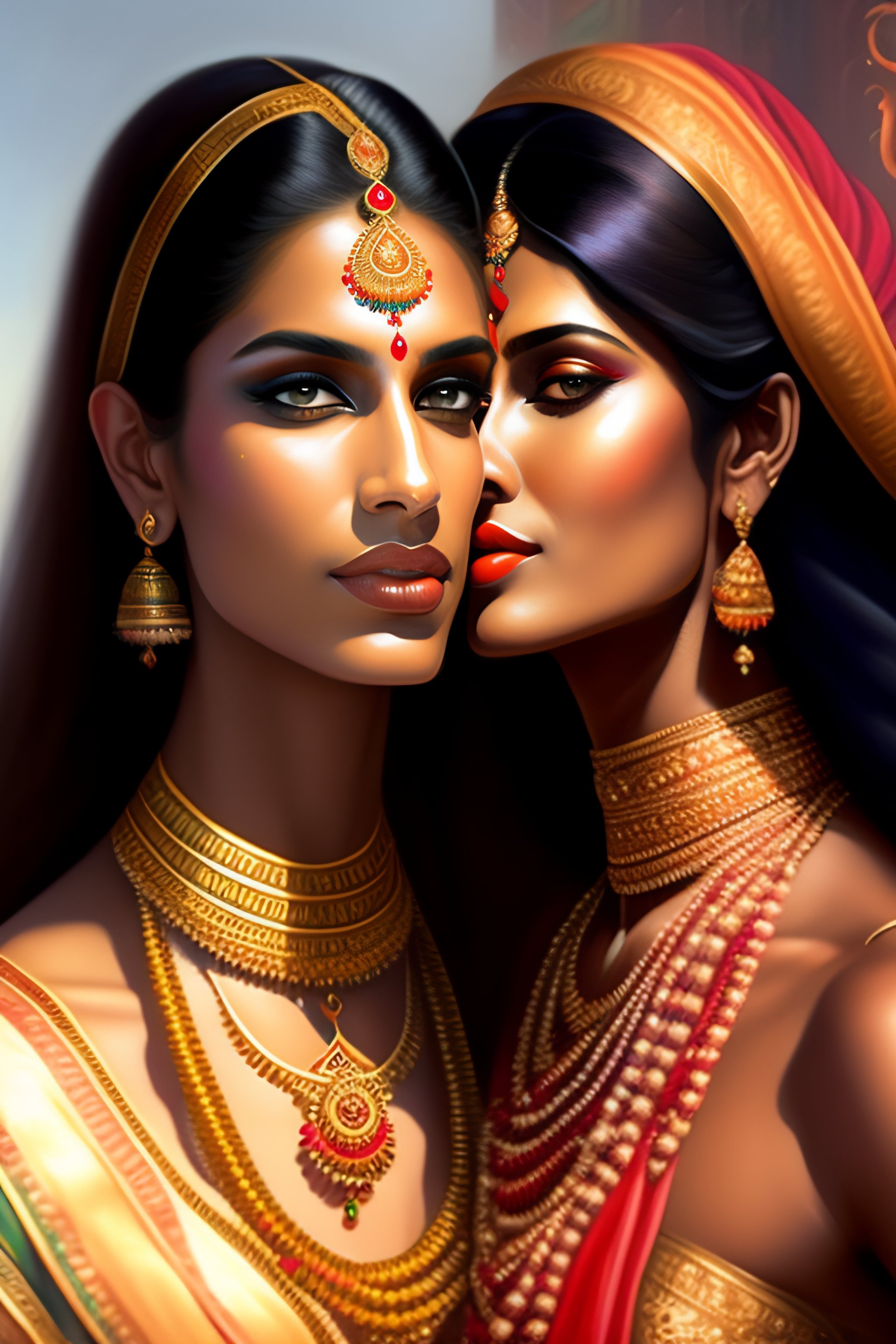 Lexica - Portrait of 2 thin muscular indian queen kissing and love ...