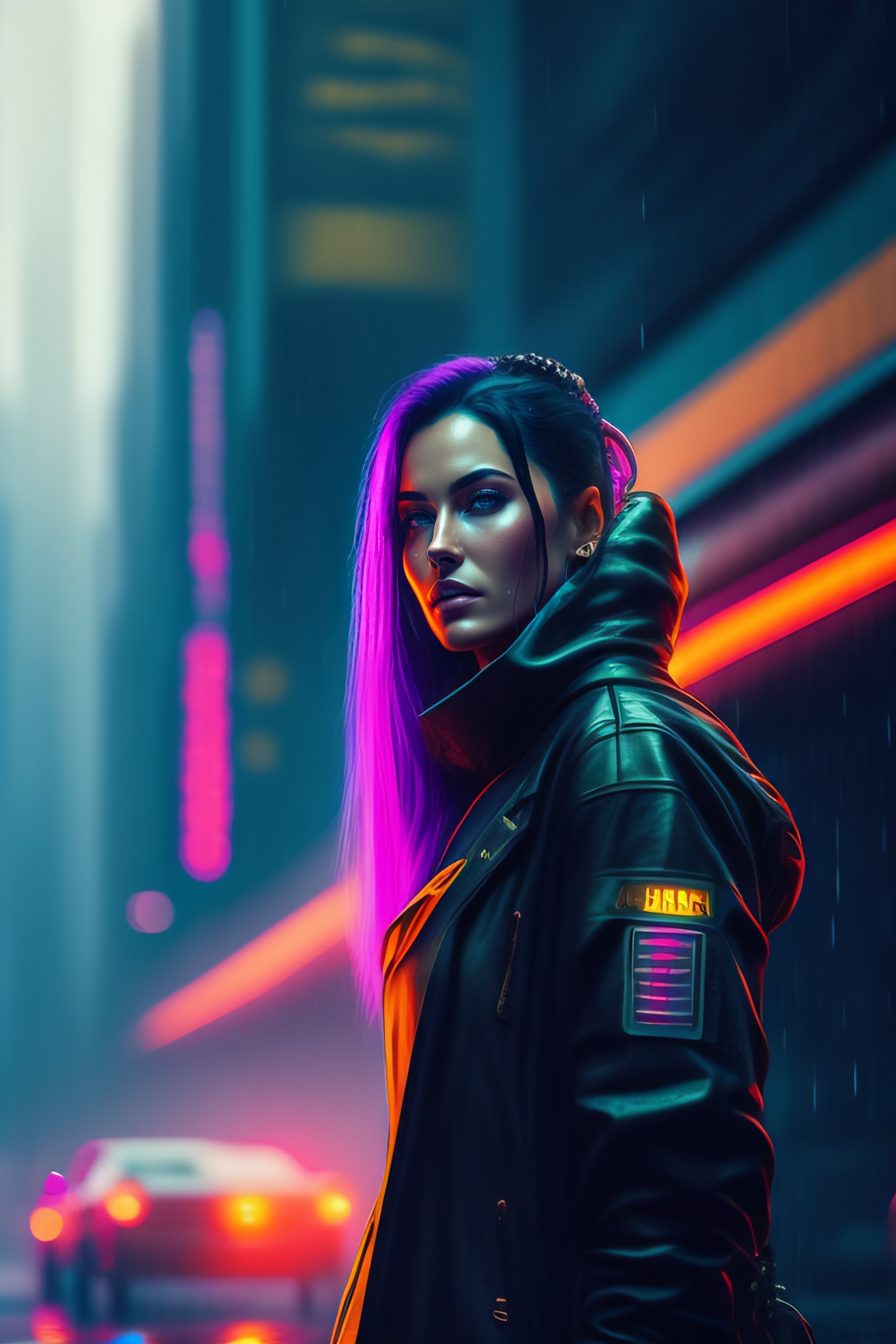 Lexica - Cyberpunk, scifi, woman in big hall, rainy, jungle, neon ...