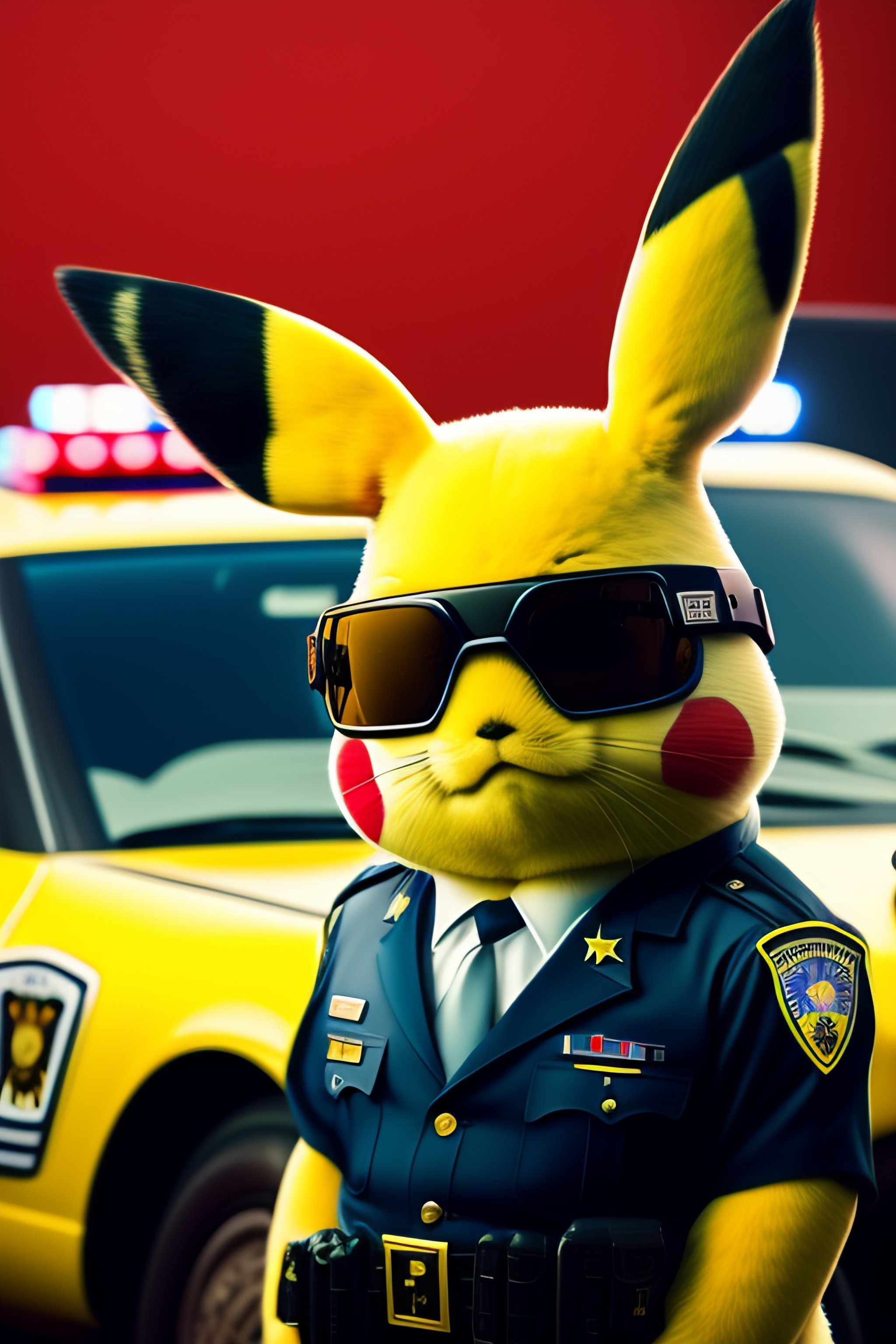 Lexica - Pikachu as an american cop , big sunglasses and a cop car in ...