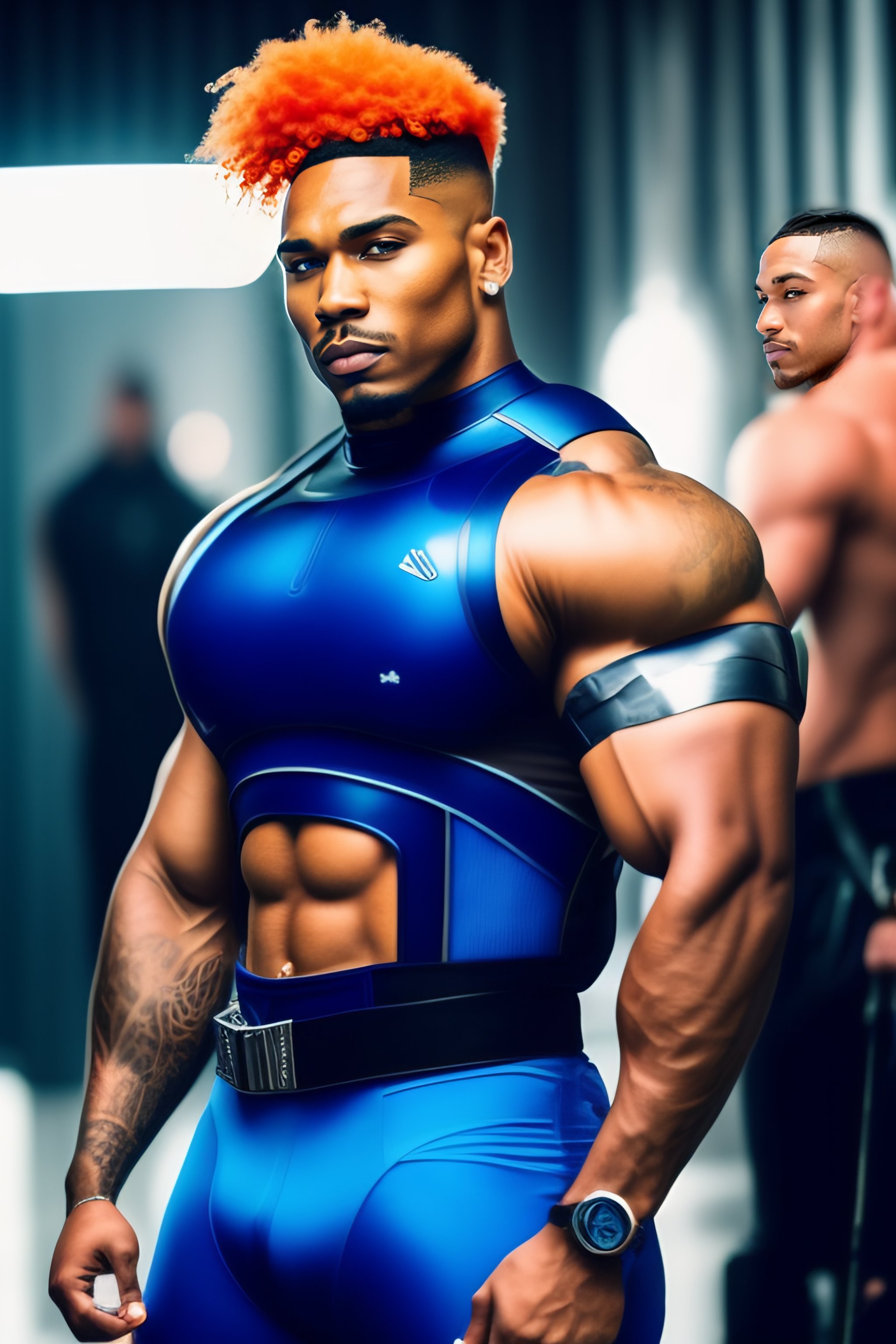 Lexica - A buff man with light skin blue fiery hair wearing ...