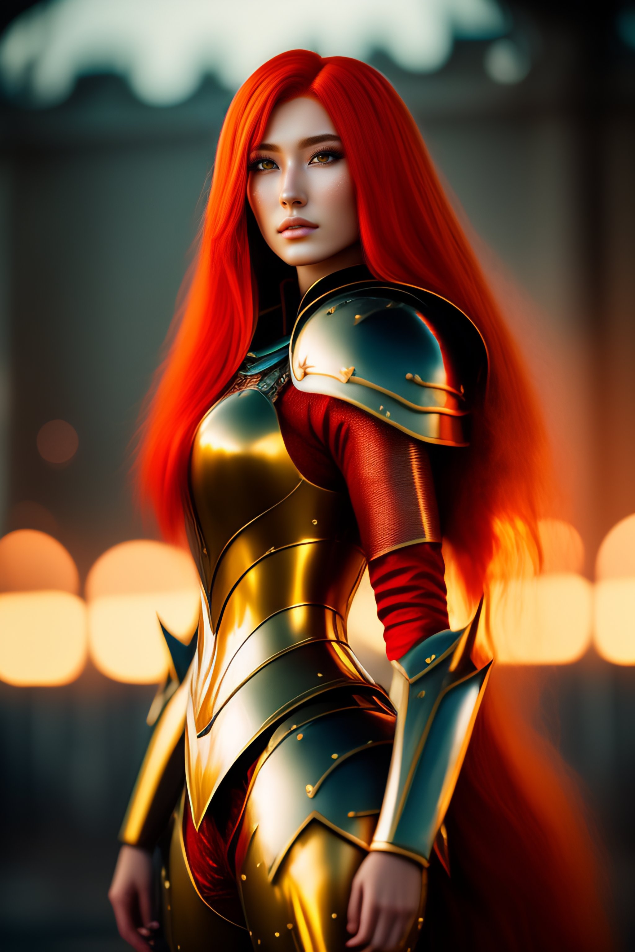 Lexica - Beautiful girl in armor. Ideal figure. Beautiful face. Red ...