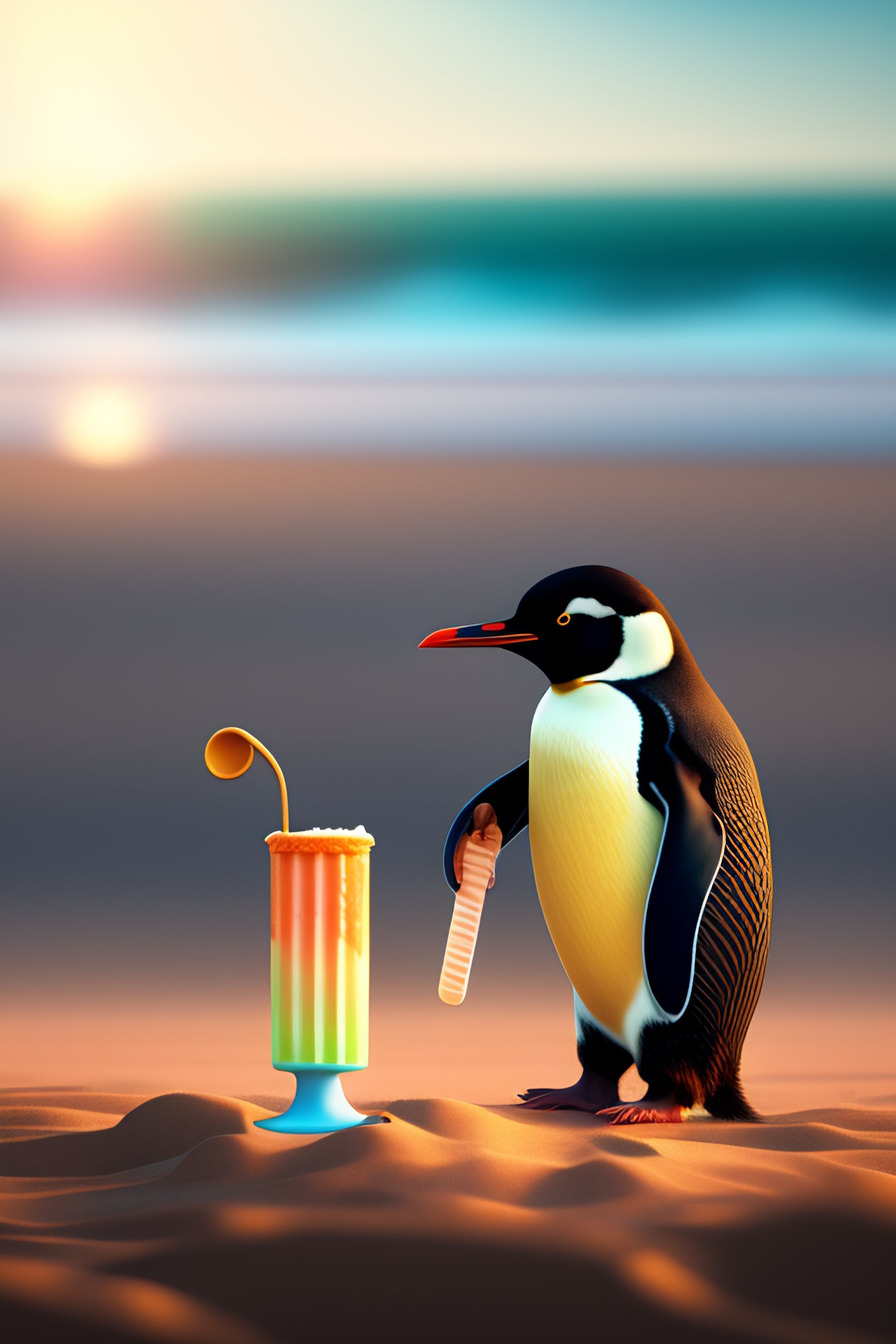 Lexica - Penguin eating a popsicle on the beach, pixar, realistic, 8k ...