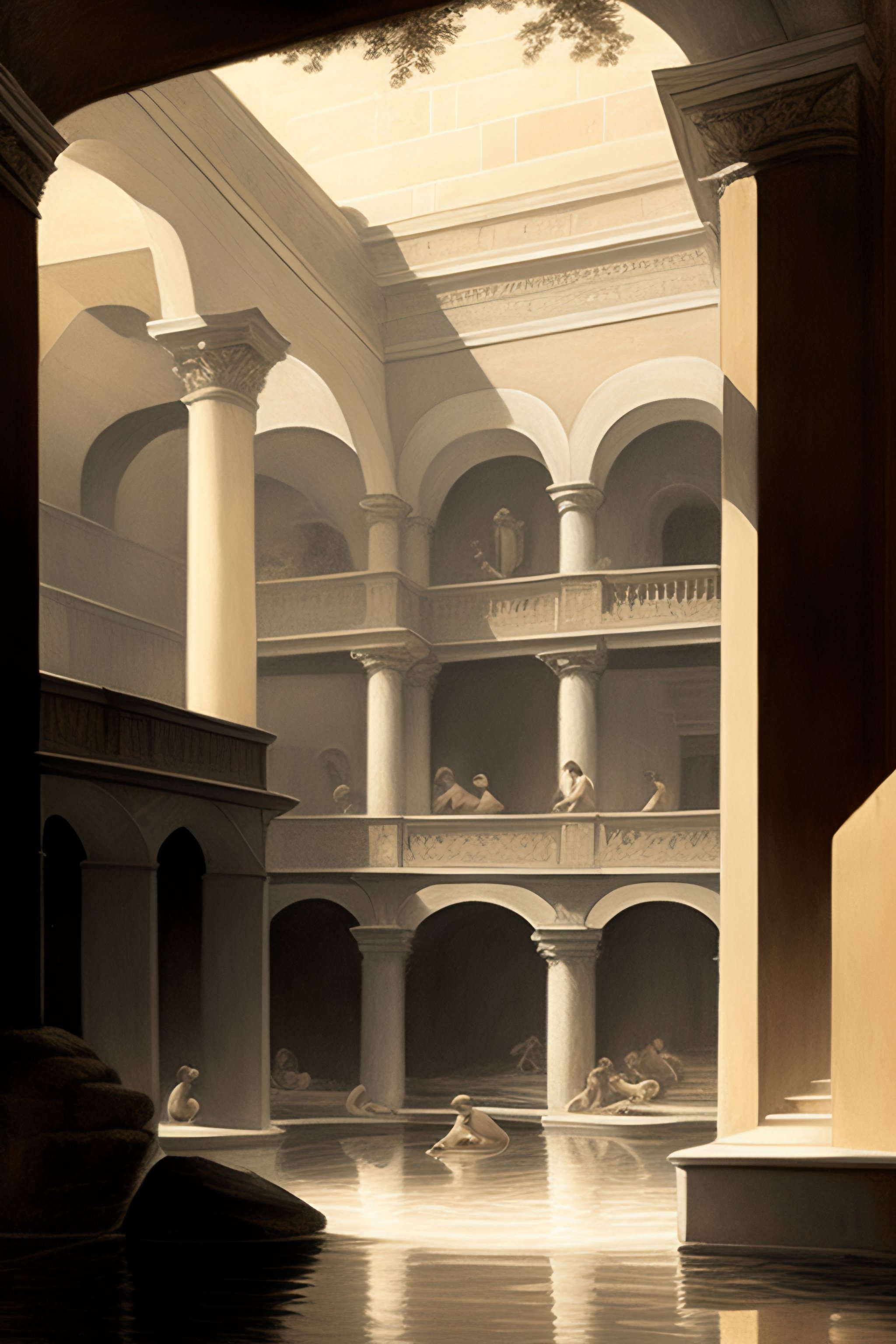 Lexica - Sepia drawing of bathers swimming in an overgrown subterranean ...