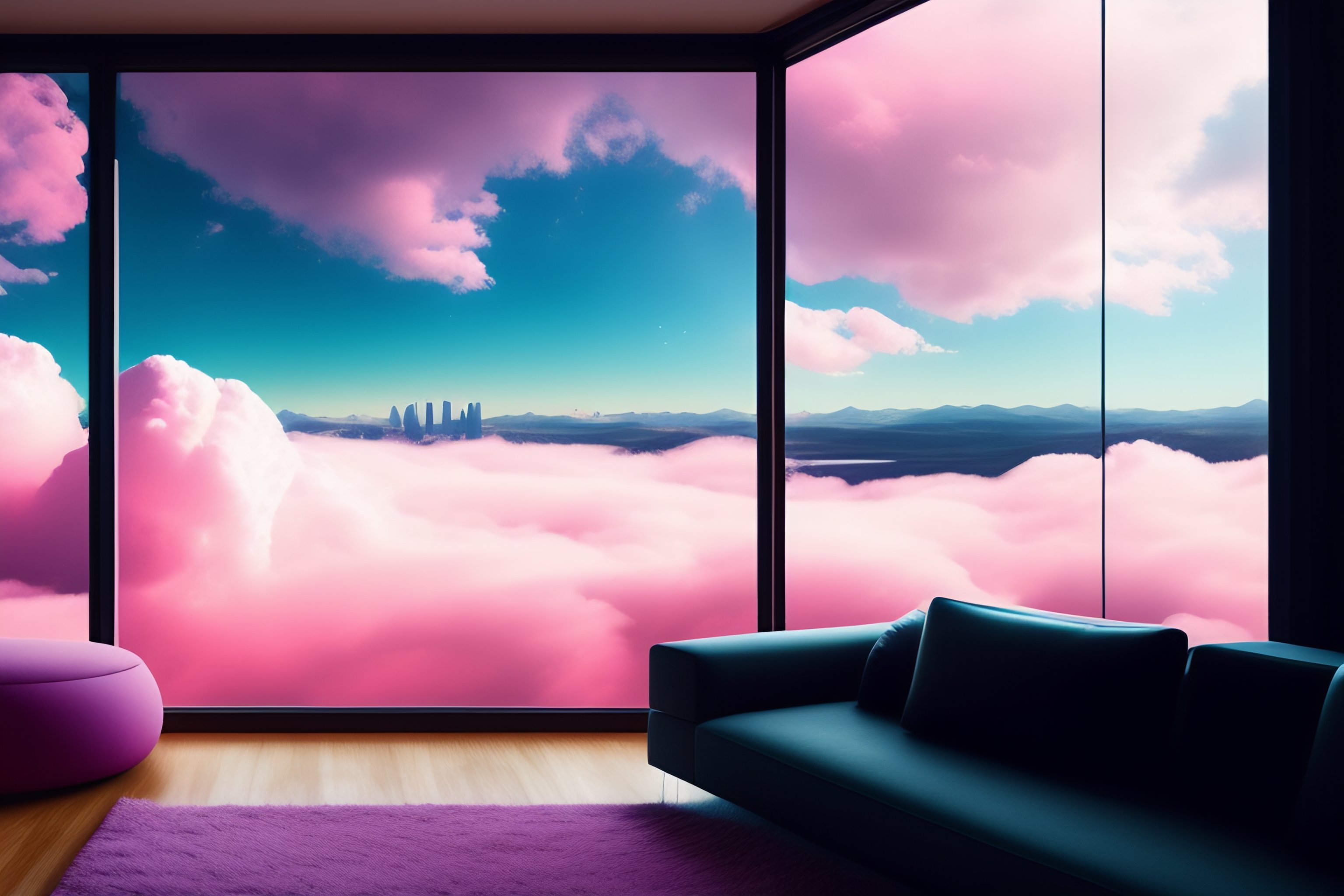 Lexica - Big room sofa skyline window coffeeshop space city pink clouds ...