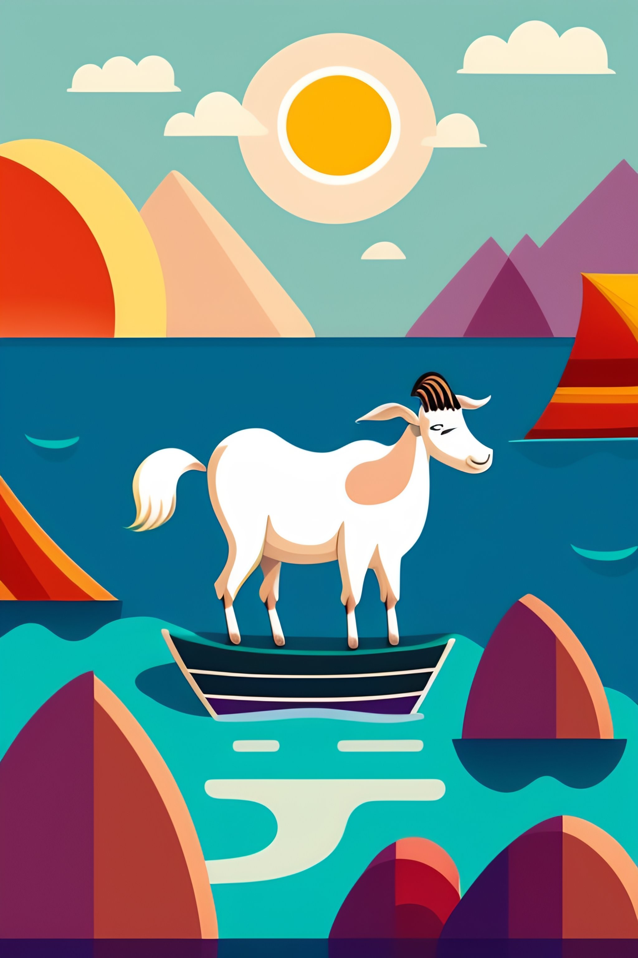 Lexica - Cartoon goat with a boat at sea in the sun book cover with ...