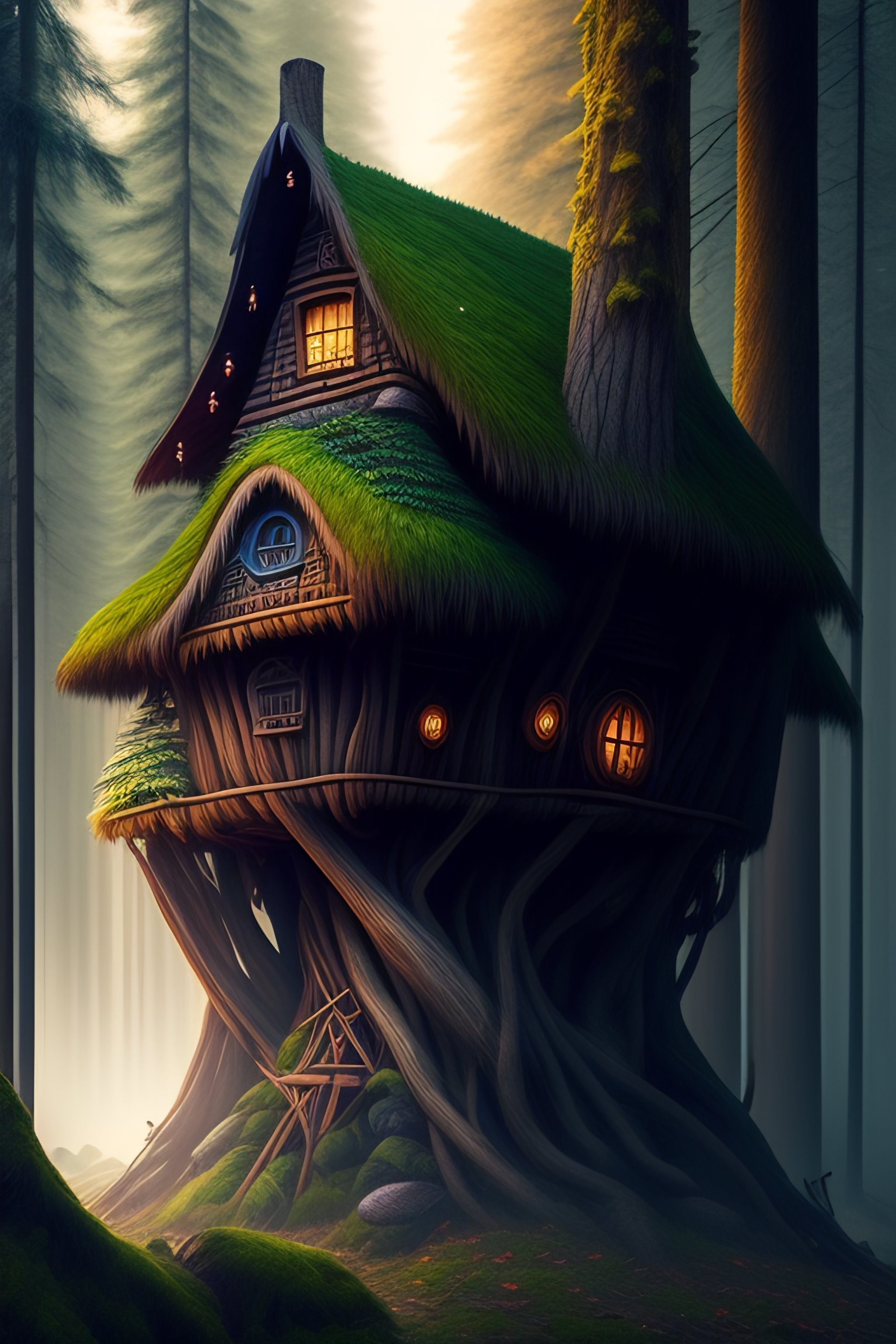 Lexica - Baba yaga house with legs in a forest, dark style