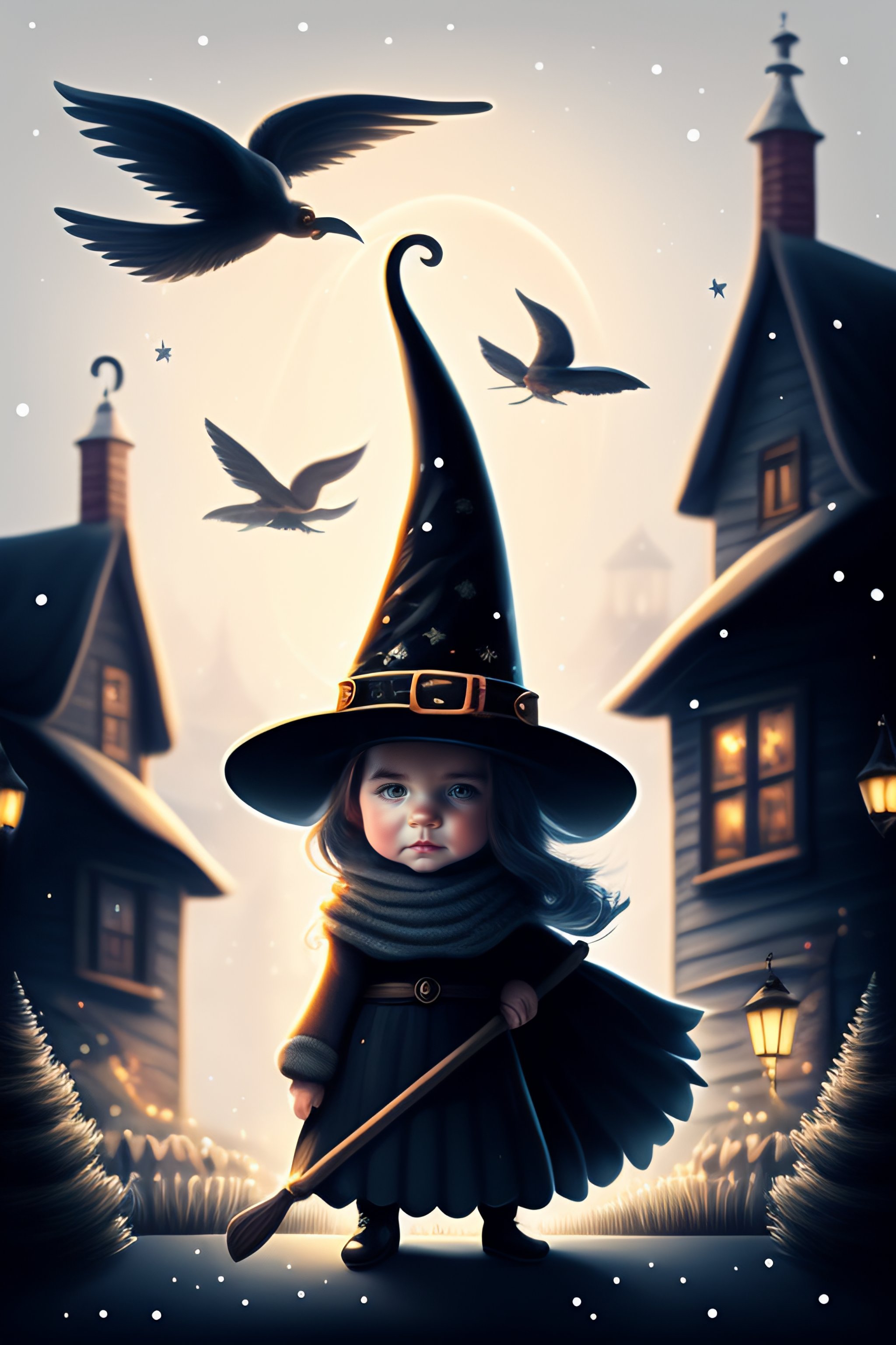 Lexica - A little tired witch in a hat sitting on a broom and flying ...