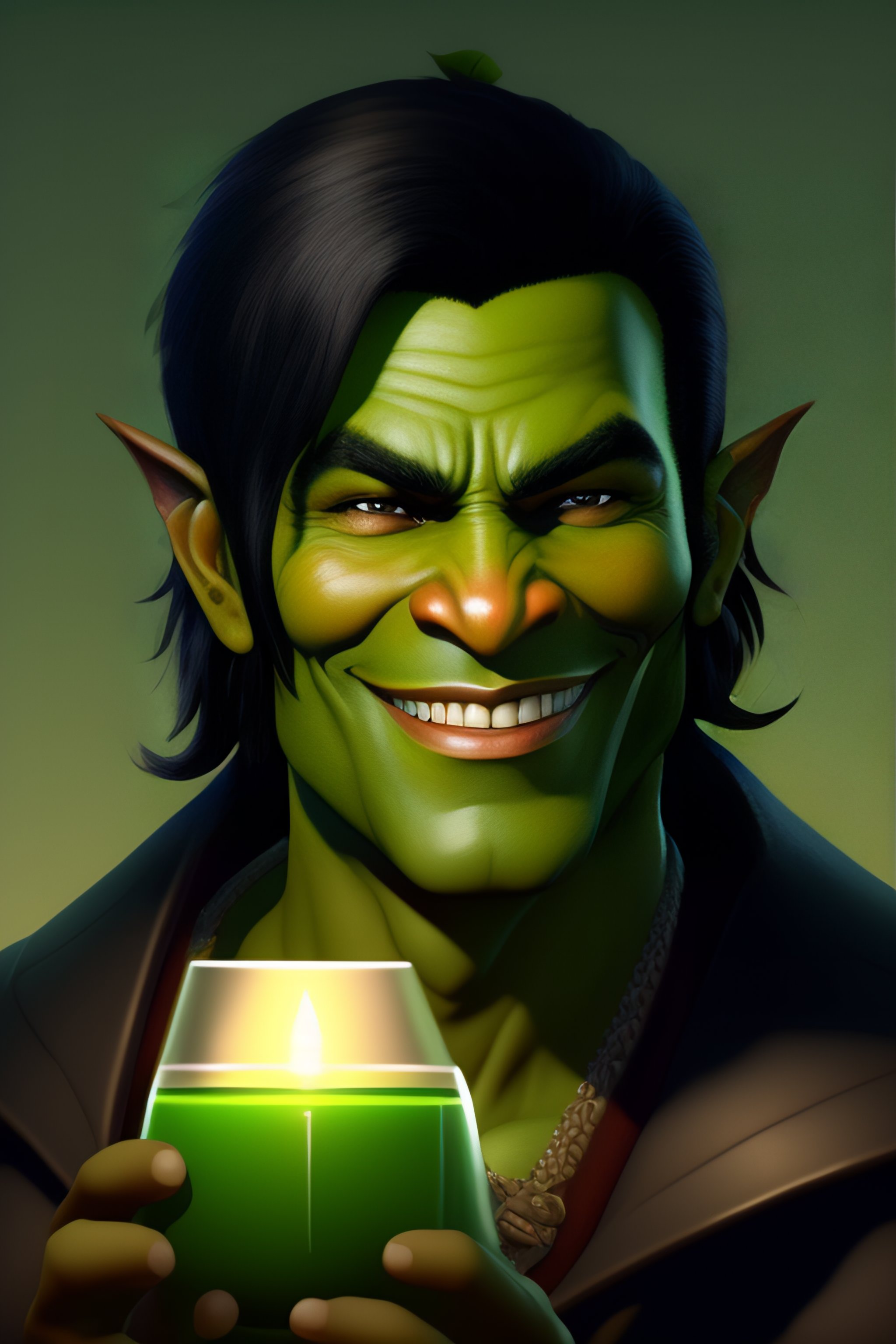 Lexica - A well-drawn friendly kind male dark-green orc with a kind ...