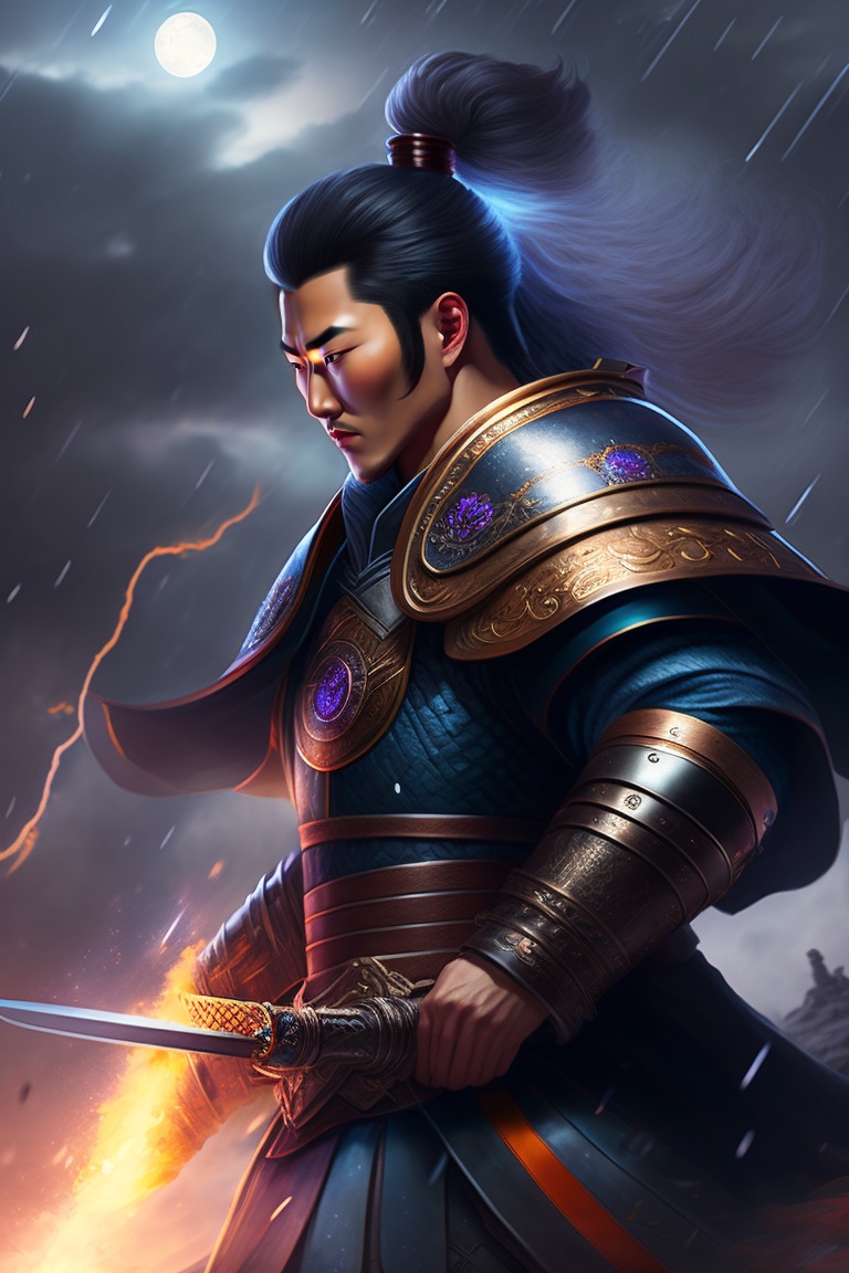 Lexica - Chinese Male Swordsman IN A STORM, RAINY, NIGHT, FULL MOON ...