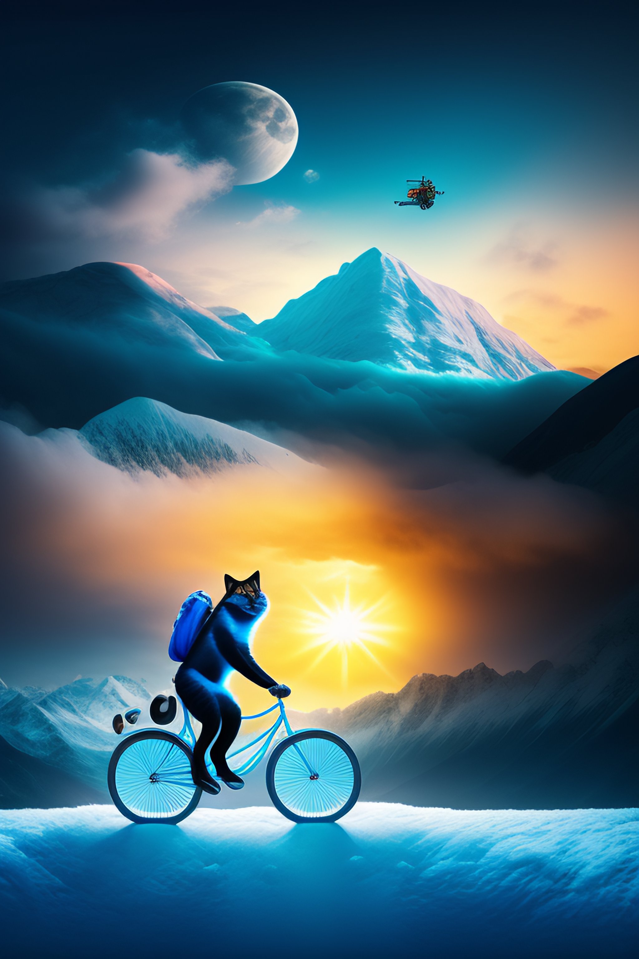 Lexica - A cat below a sunshine river between snowing mountain and a ...