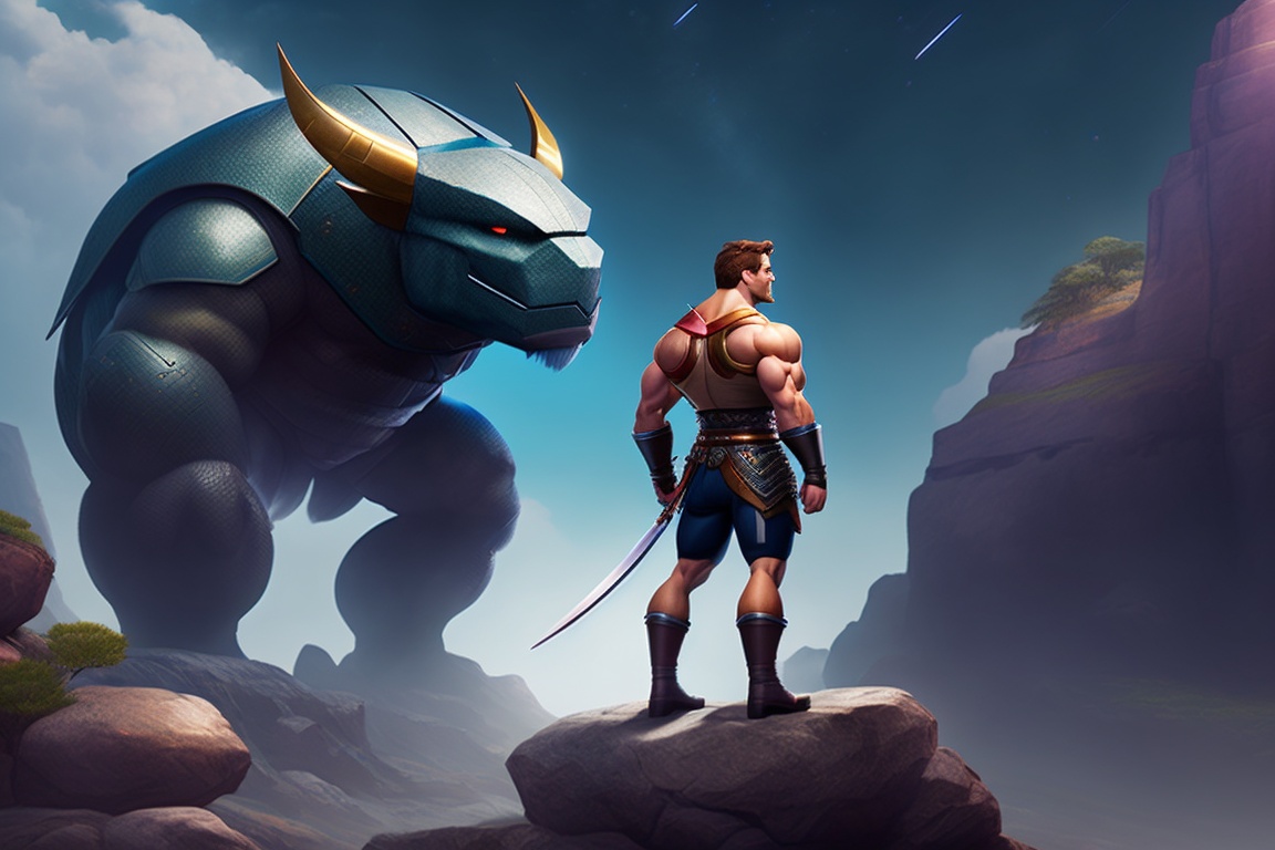 Lexica - David standing on a rocky hill, his slingshot in hand, gazing ...