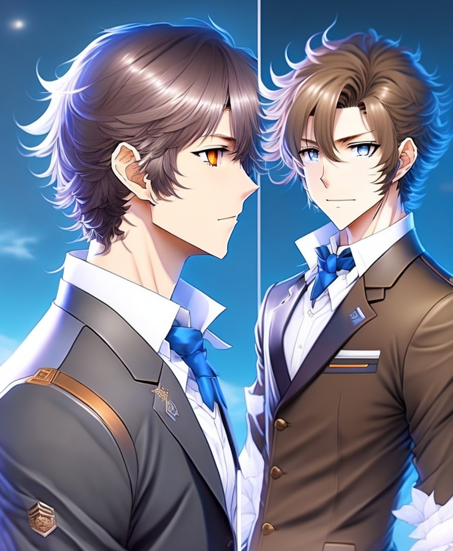 Lexica - Male, half body, comma style hair, blue-brown hair color ...