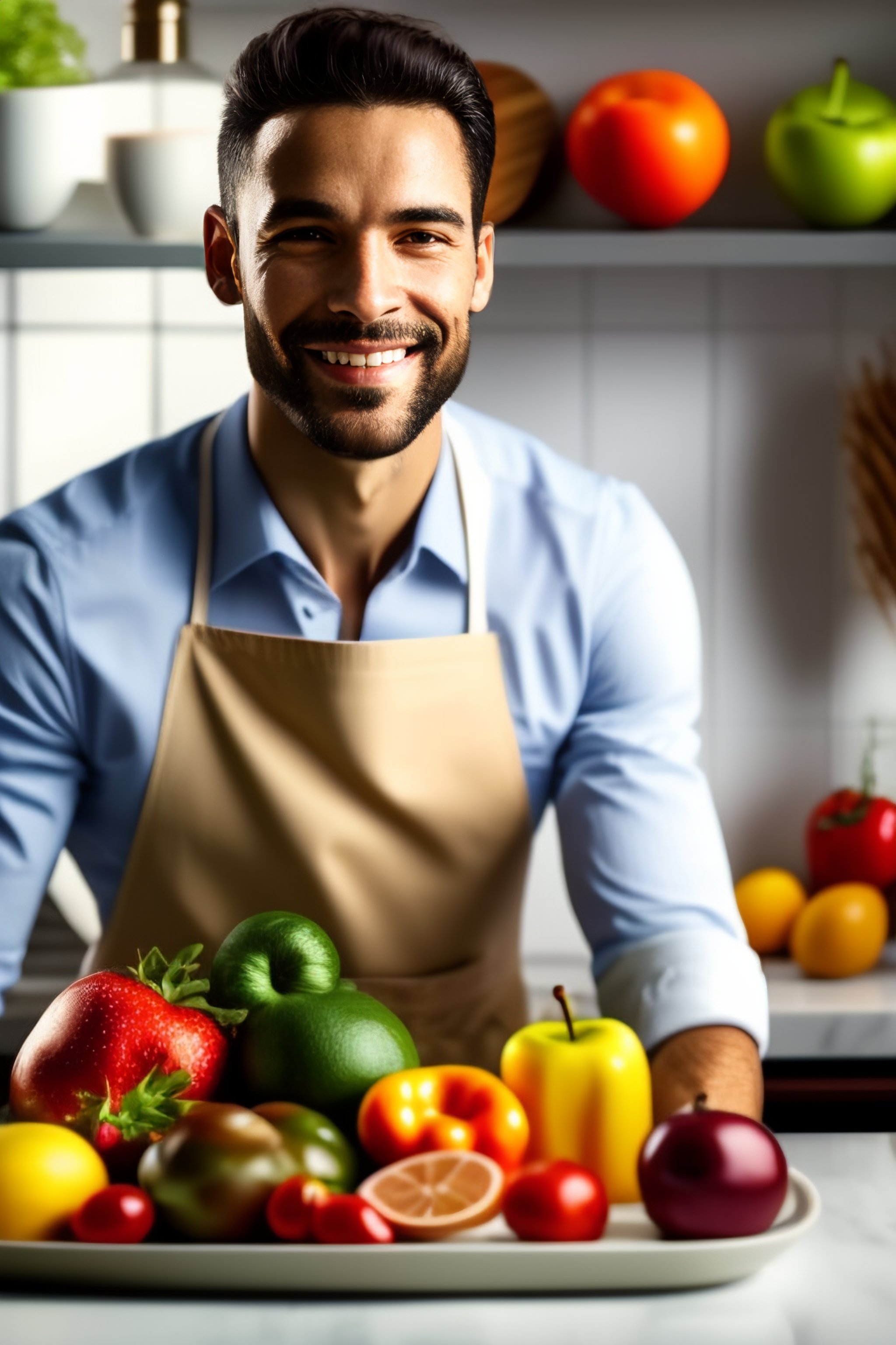 Lexica - Slim smiling white man in the kitchen at the table. vegetables ...