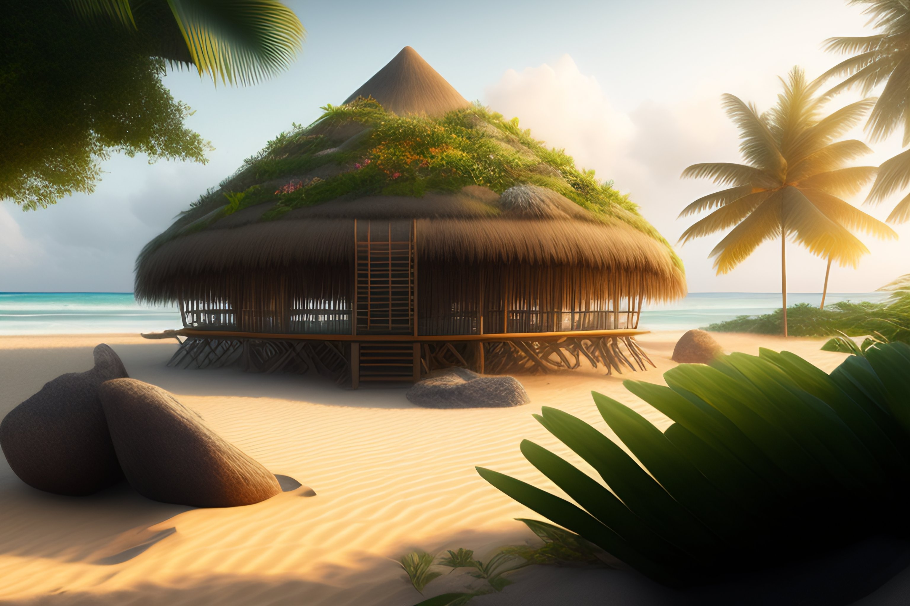 Lexica - Giant hut bamboo on tropical island beach yucca giant shells ...