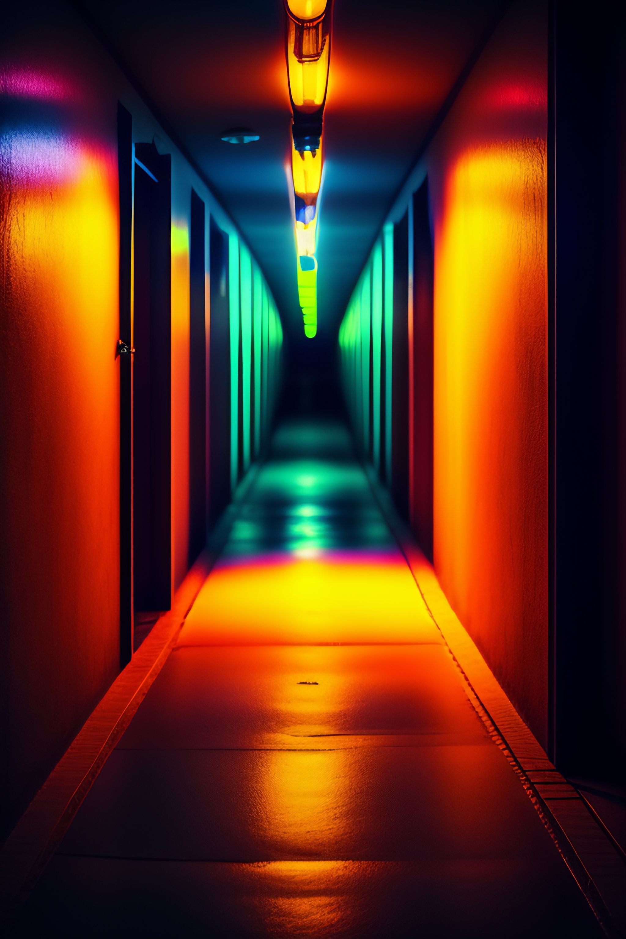 Lexica - A long dark concrete hallway with a neon path and a flashing ...