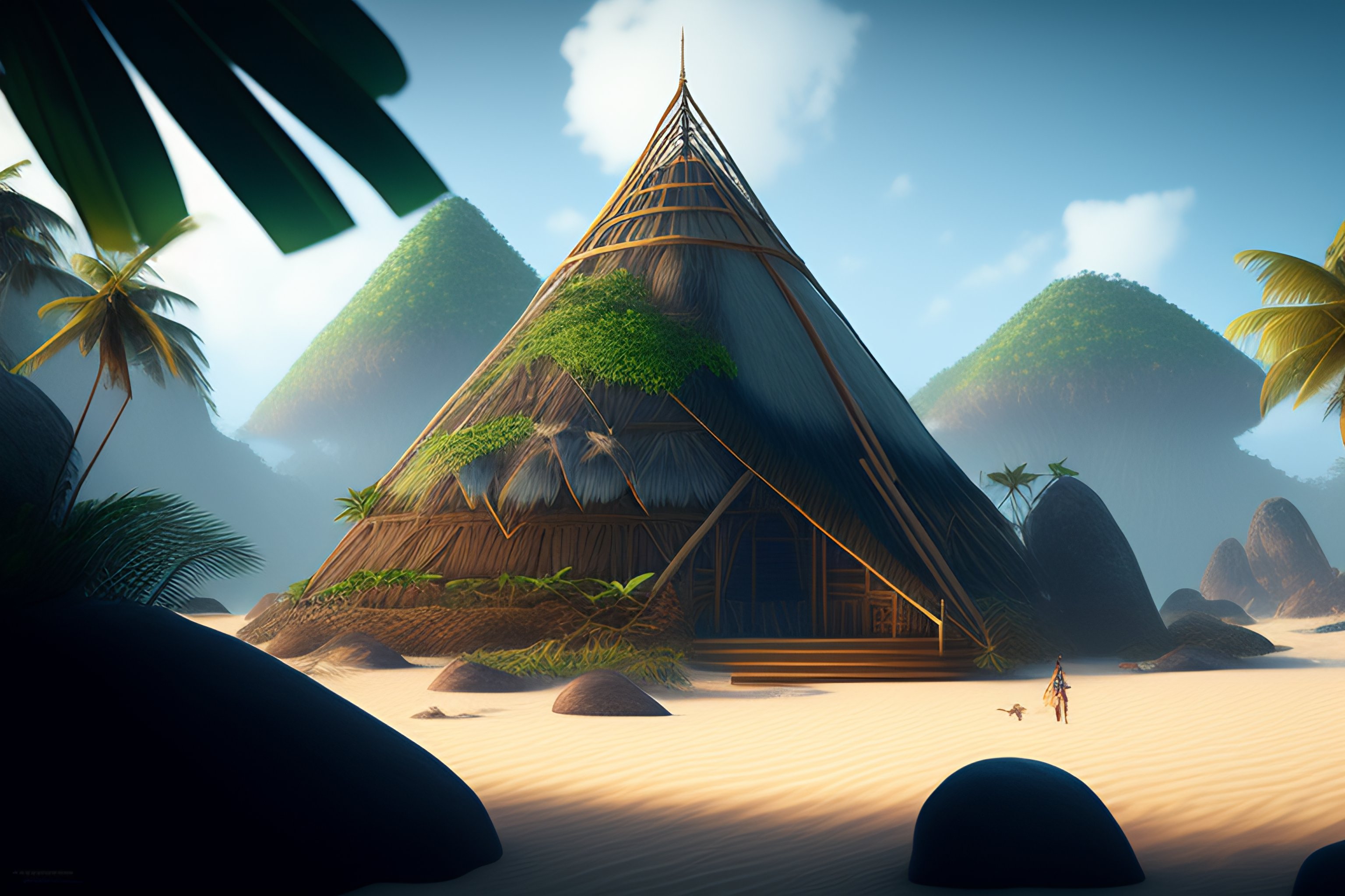 Lexica - Giant elven amerindian hut bamboo on tropical island beach ...