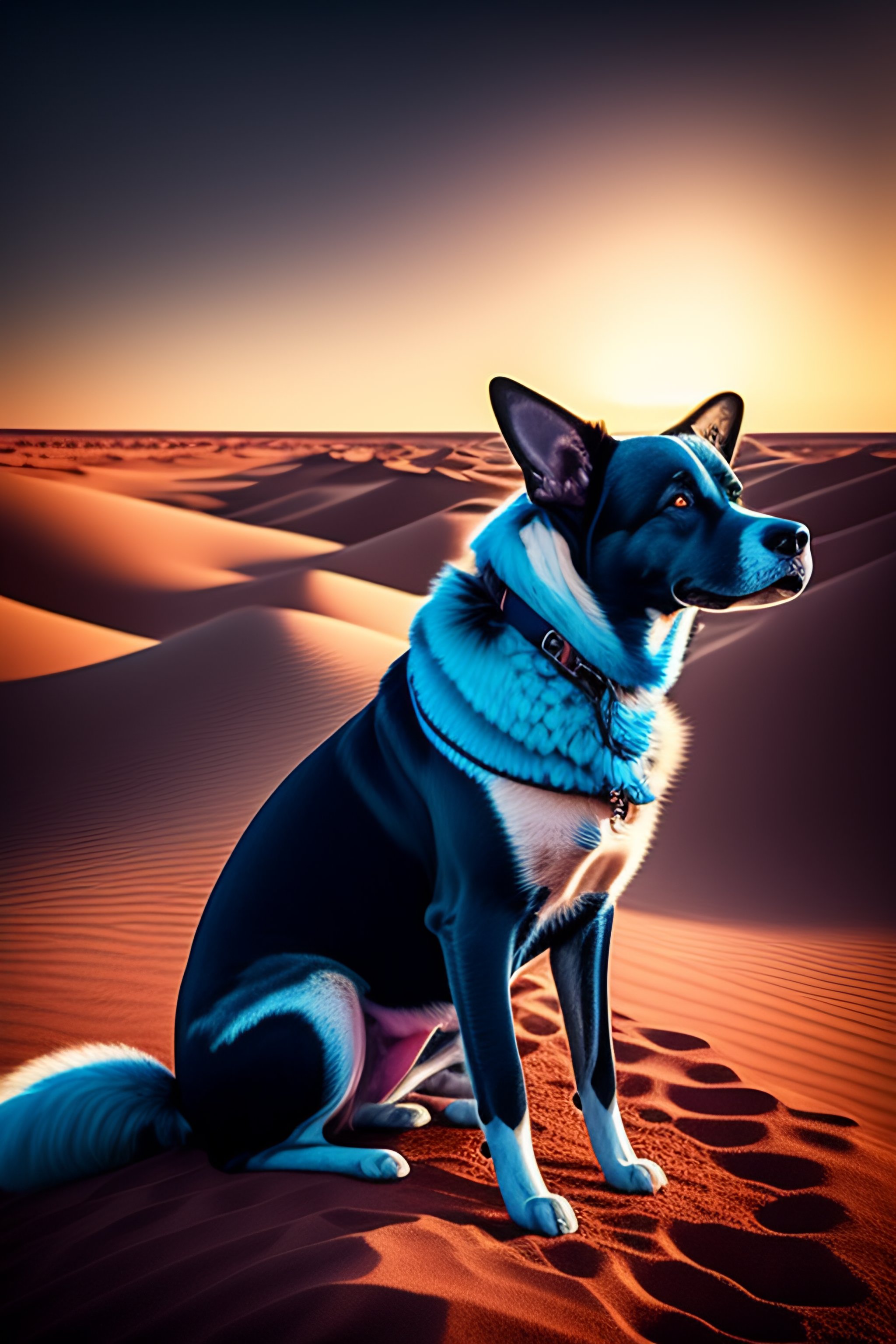 Lexica - A 20 year old dog all blue barking in a desert landscape of ...