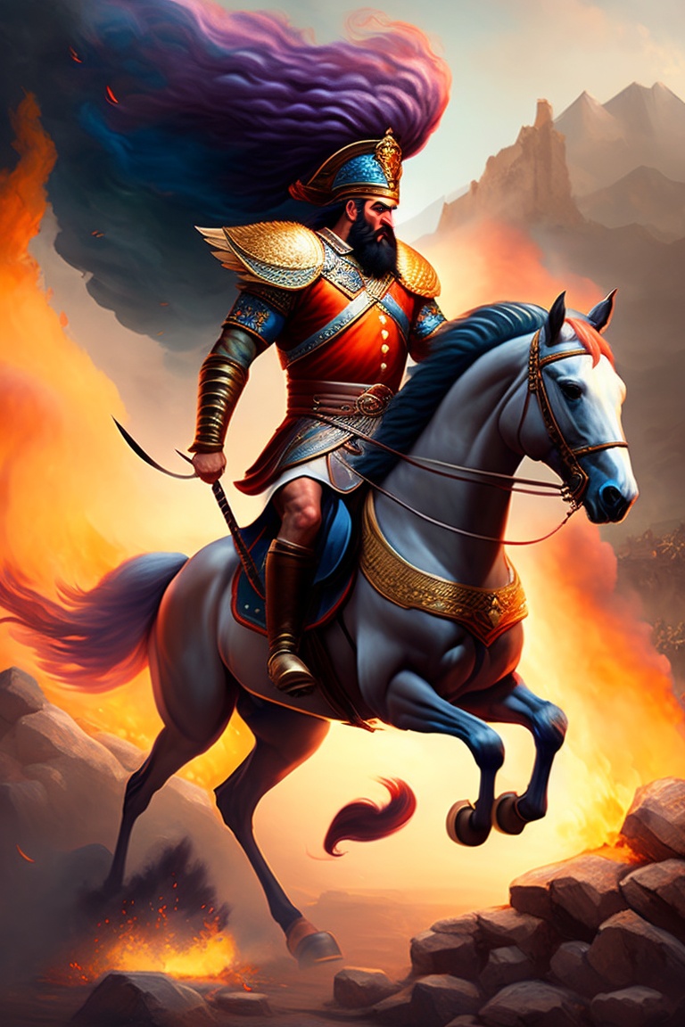 Lexica - Ancient Persian general charging in to a fiery battlefield ...