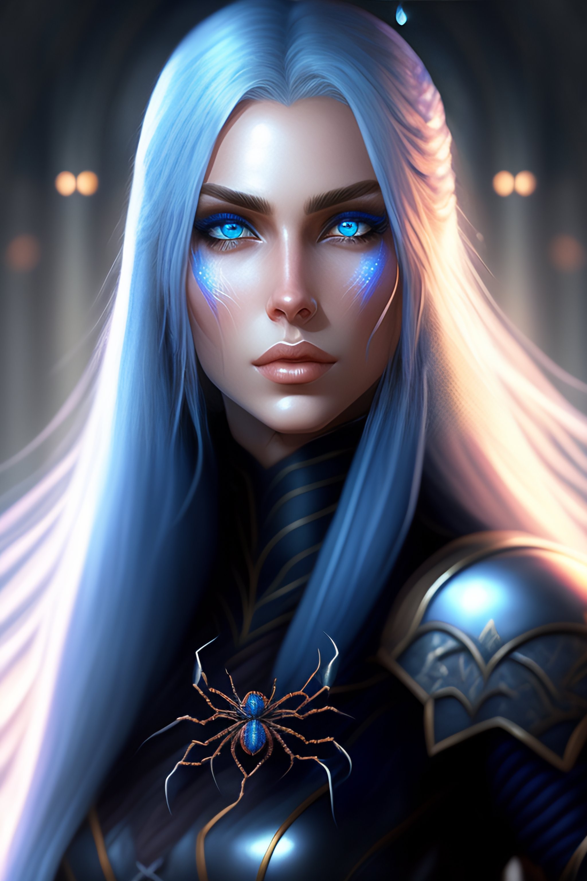 Lexica - A dark elf girl with pale blue eyes holding a spider, rule of ...