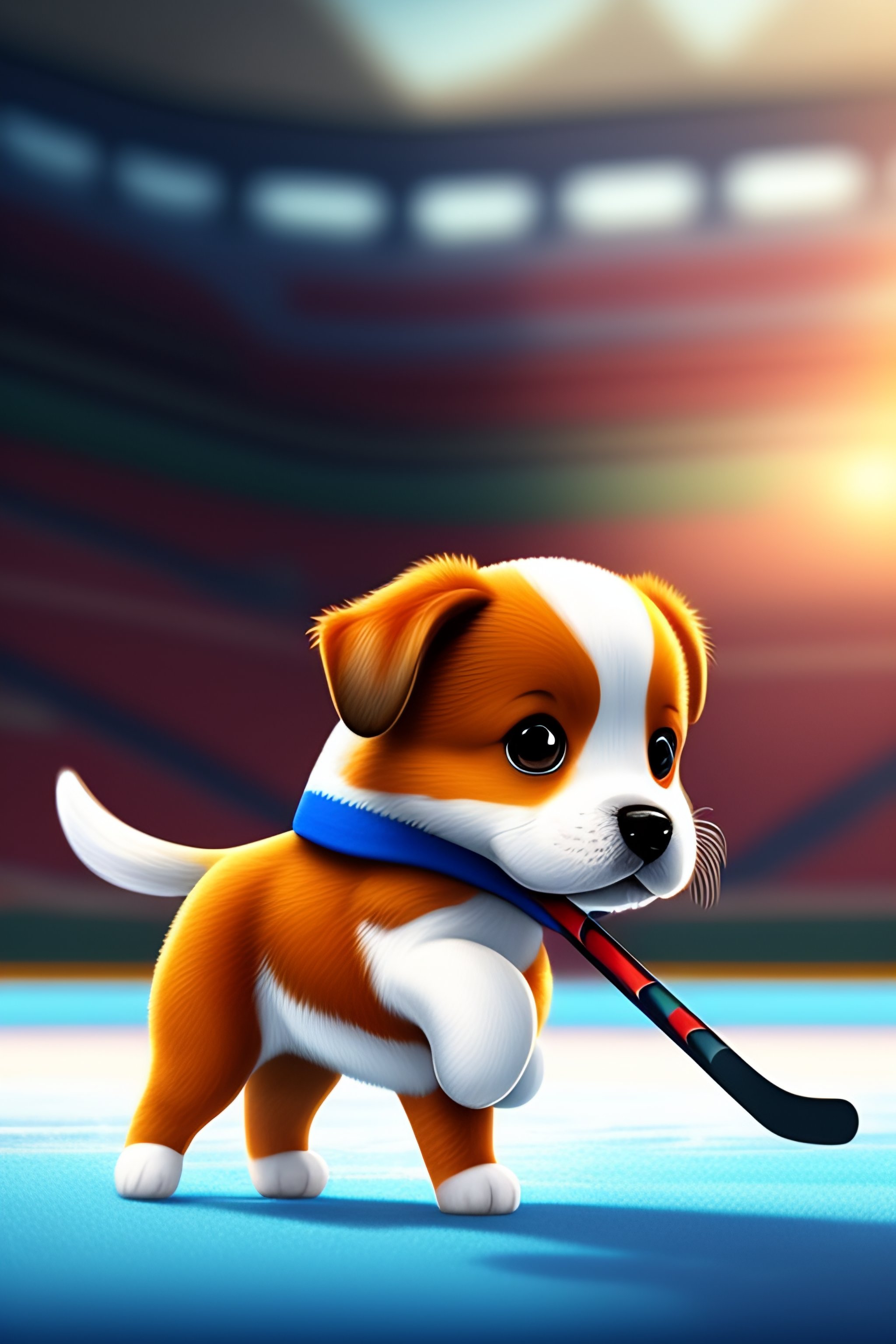 Lexica - Cute cartoon dog playing hockey in a hocky stadium