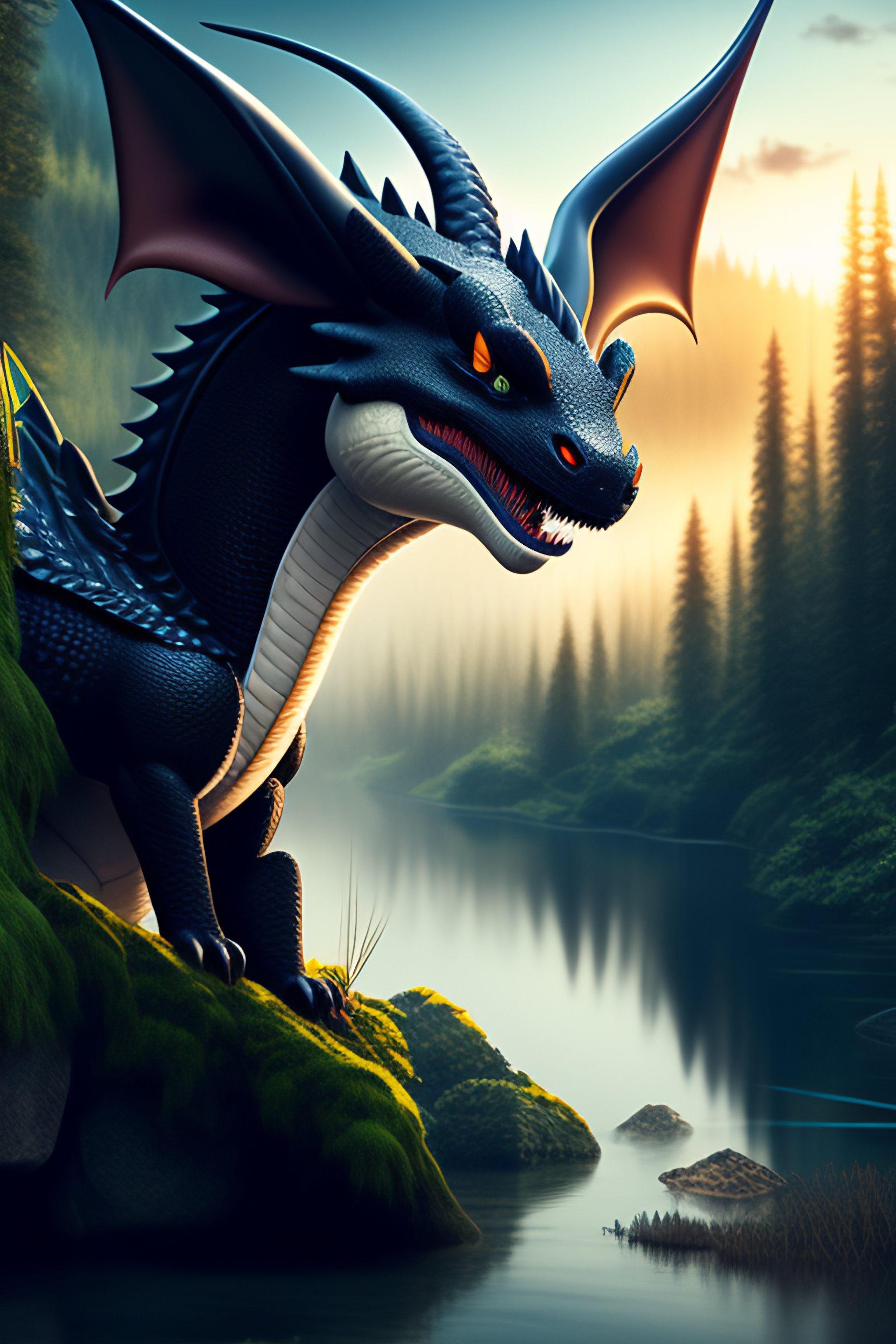 Lexica - Anthropomorphic dragon Toothless in a middle of forest with river
